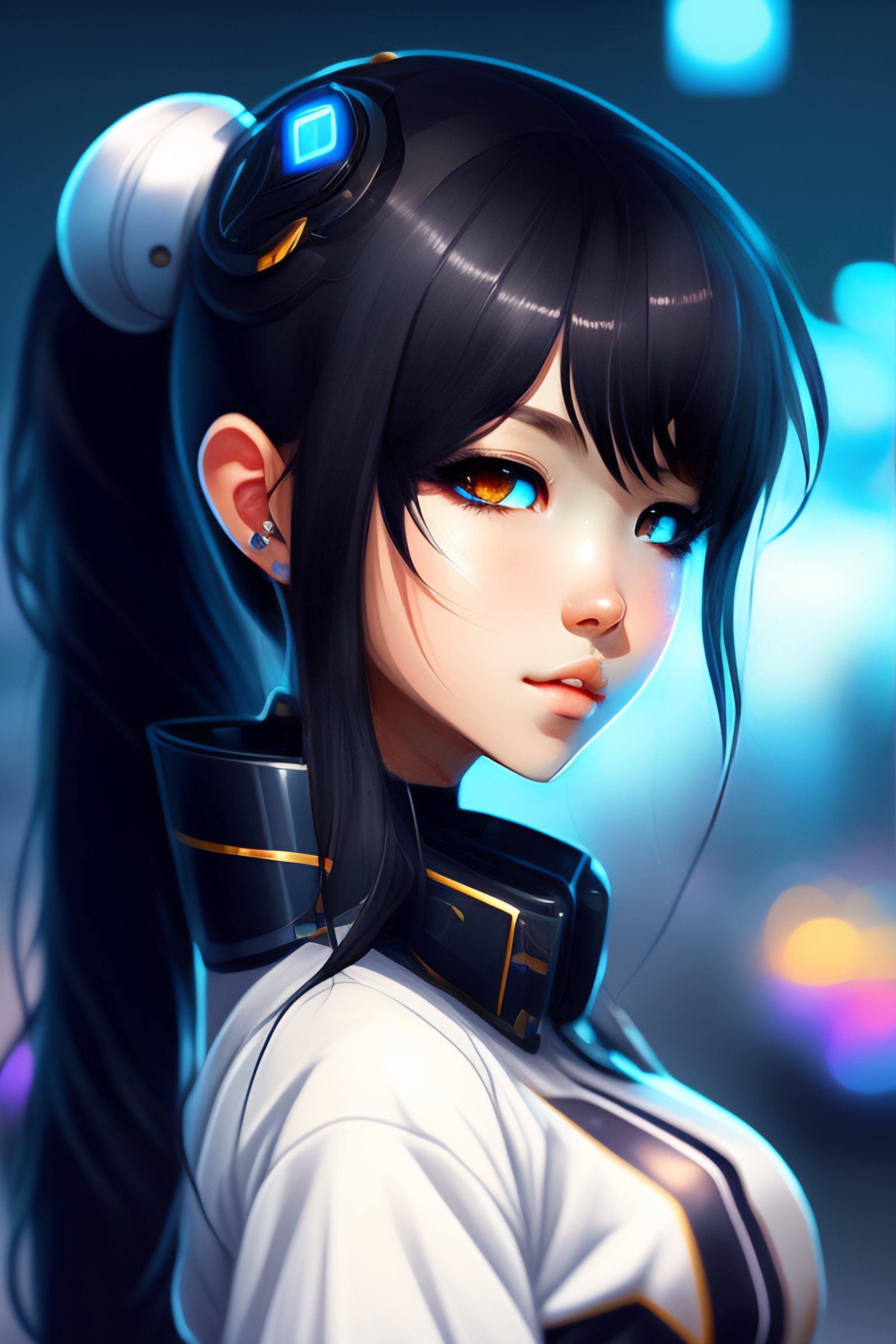 Lexica - Black and blue mecha, 11-year-old girl, elf ears, black hair ...