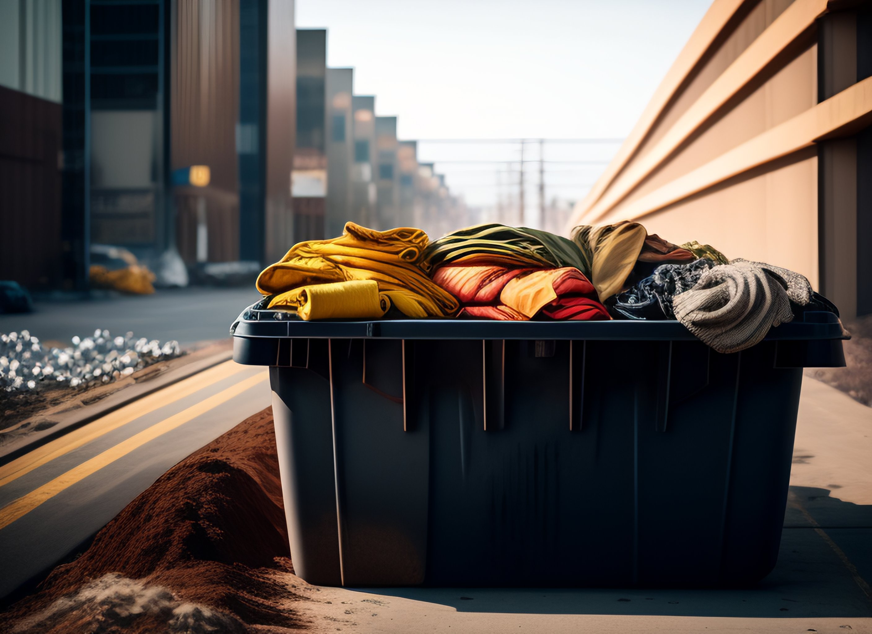 Lexica - Used clothing in dumpster, fast fashion, dirt, pollution,