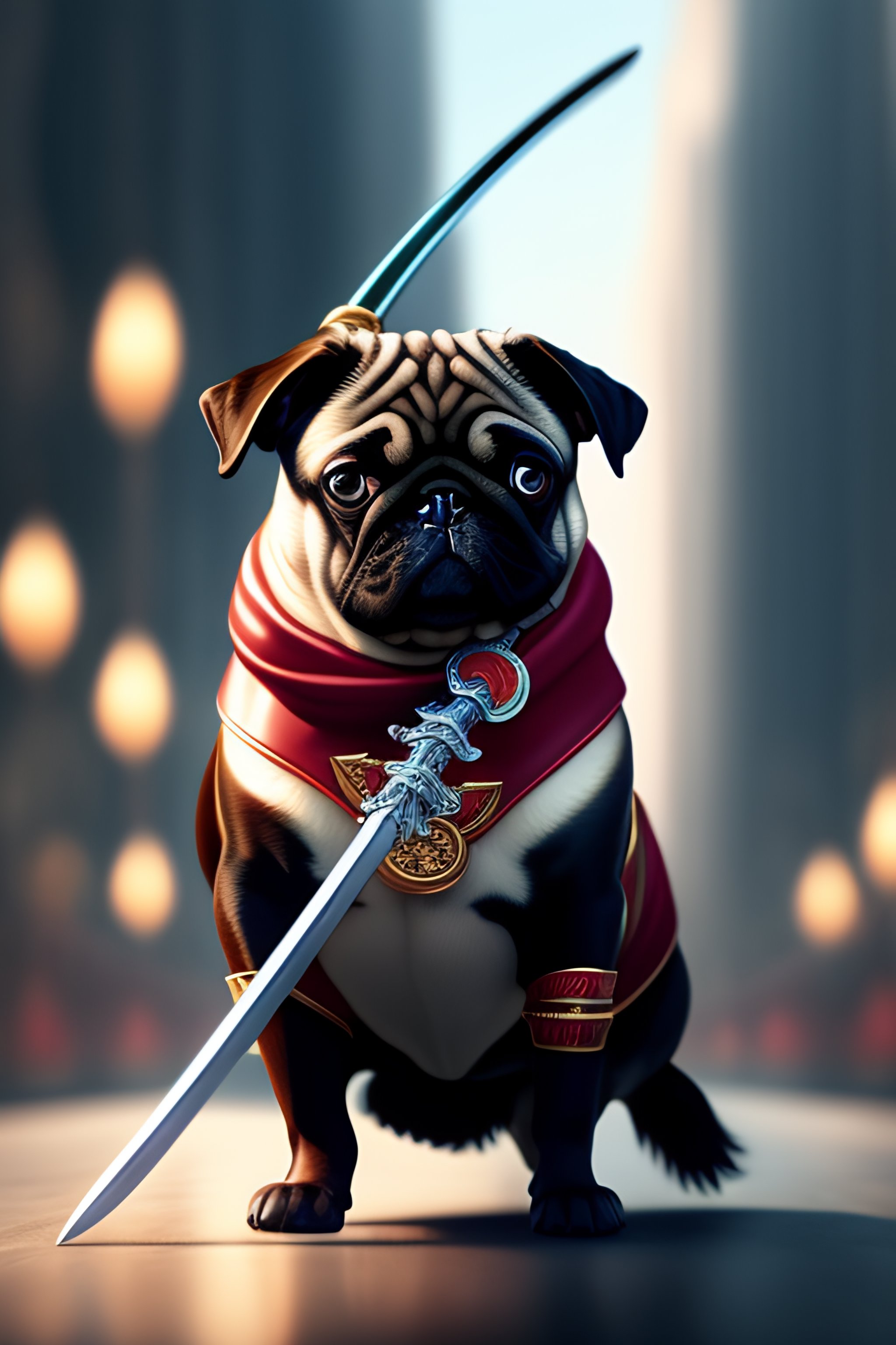 Lexica - Pug standing on two legs wielding a massive sword. akira style.