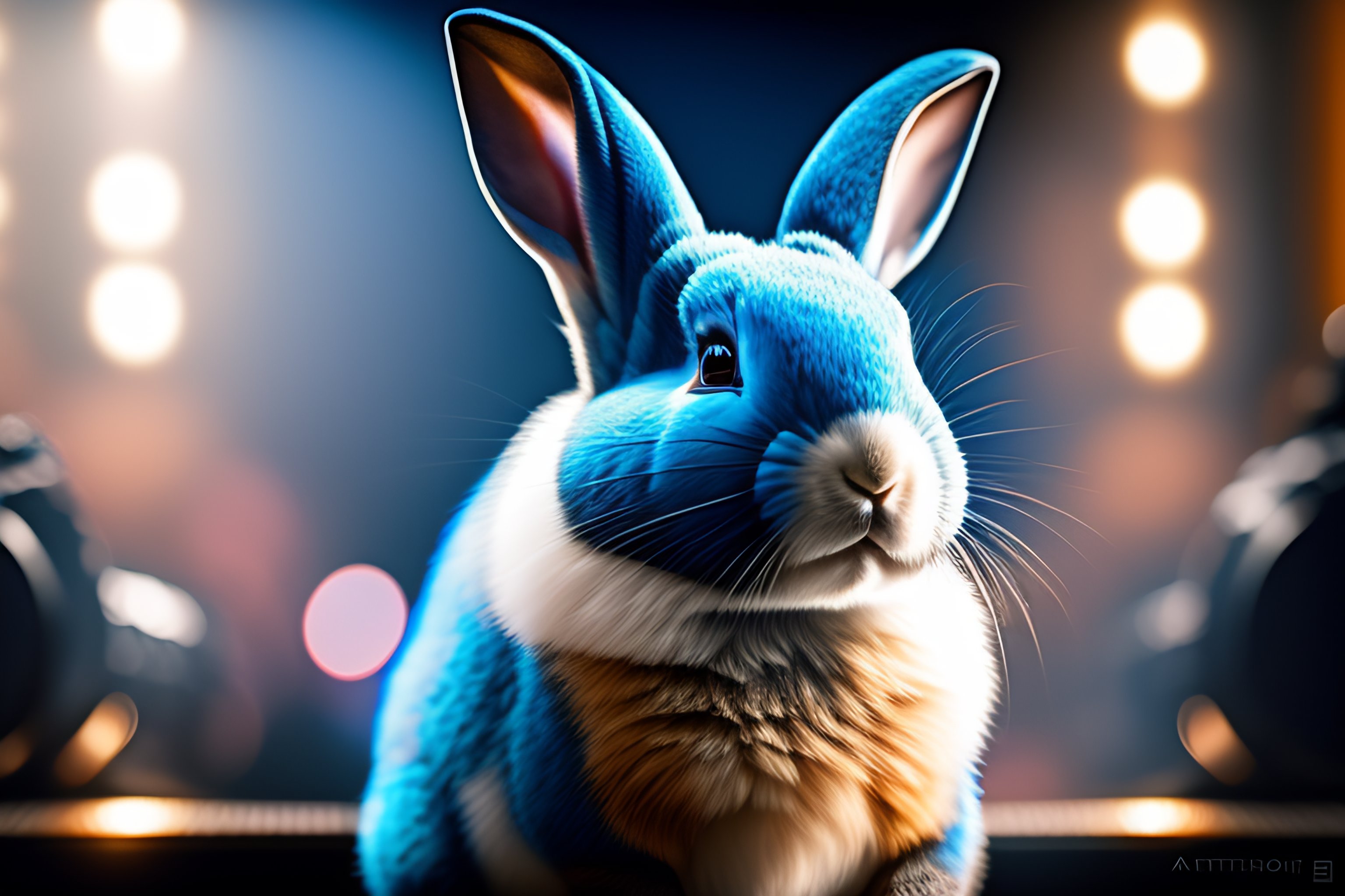 Lexica - Photo of a blue rabbit holding a microphone, standing on stage ...