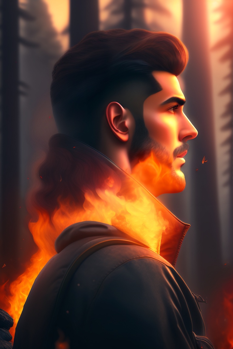 Lexica Person With Strong Determined Attitude Forest Fire Background Close Up Shot Realistic