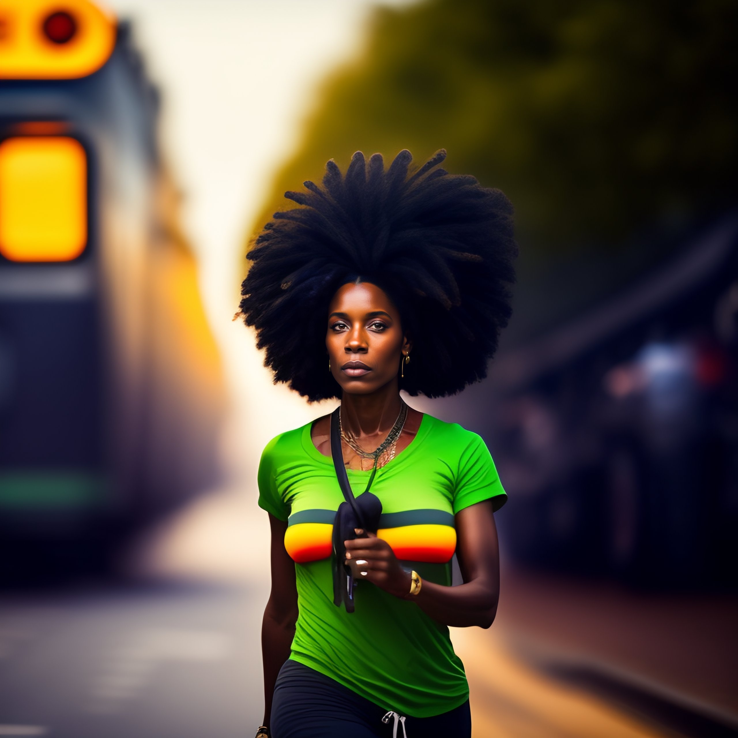 Lexica - Black rasta woman in a TSHIRT, walking away with her hand held ...