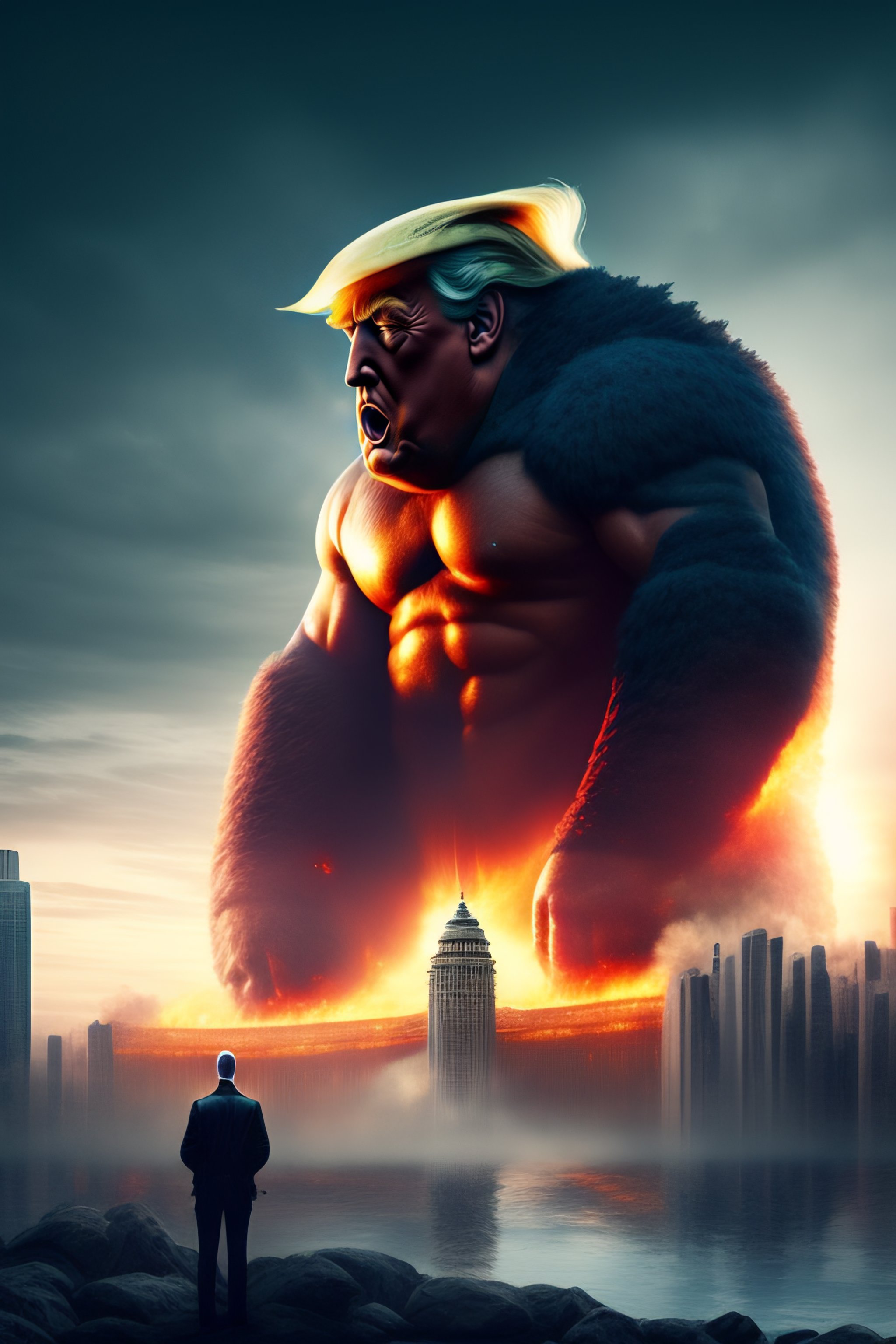 Lexica - Donald Trump depicted as a giant monster destroying a city