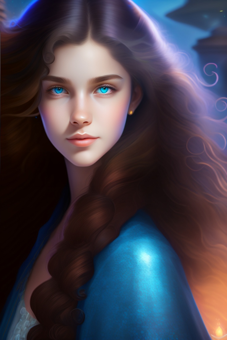 Lexica - 15 year old girl, curly dark brown hair, blue eyes, witch ...