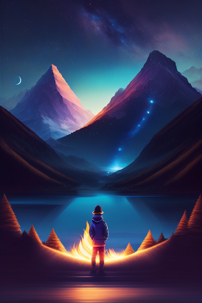 Lexica - A Girl with boy in a night fire , star night and mountains