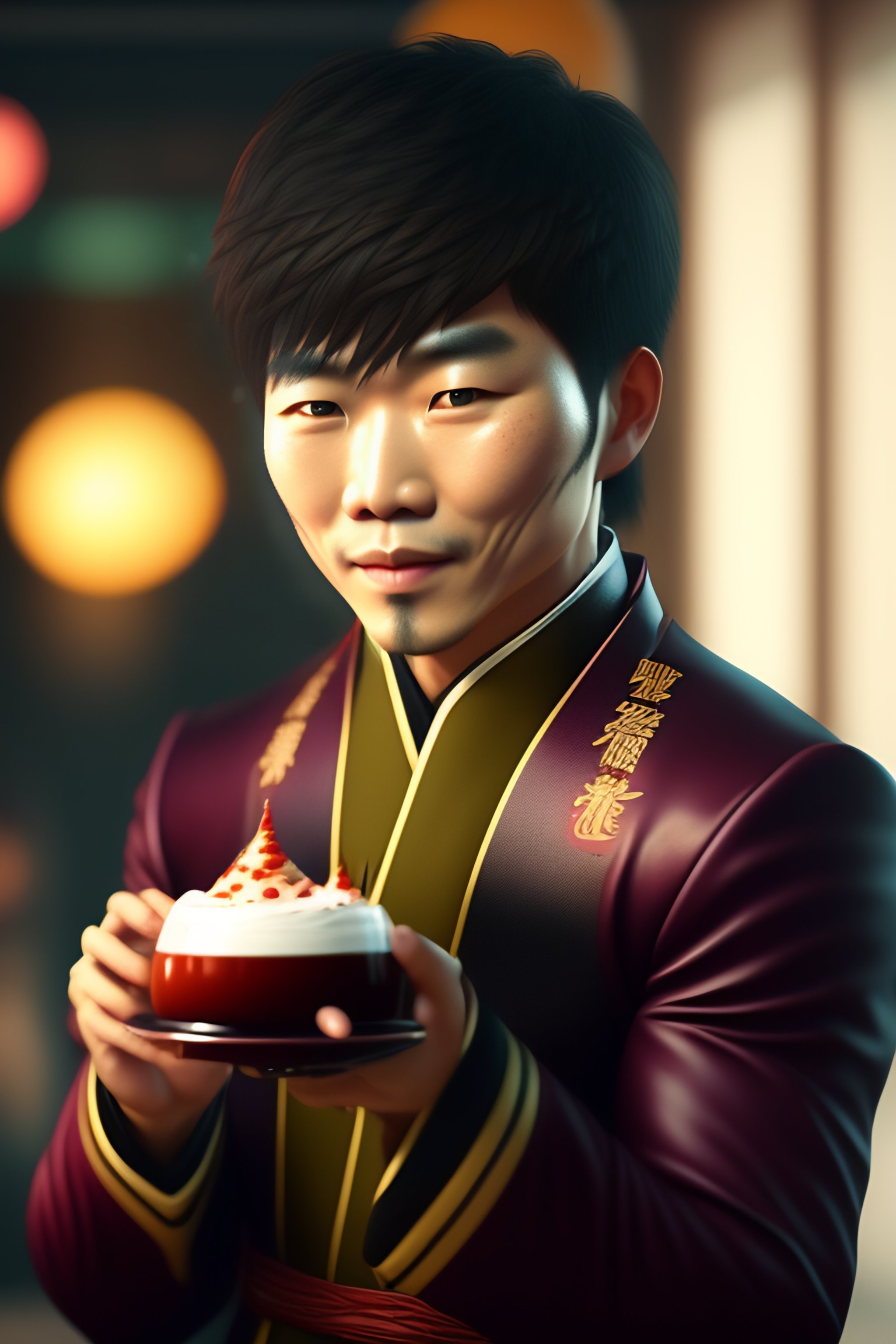 Lexica - Xiao from Genshin Impact eating a puddin in realistic style