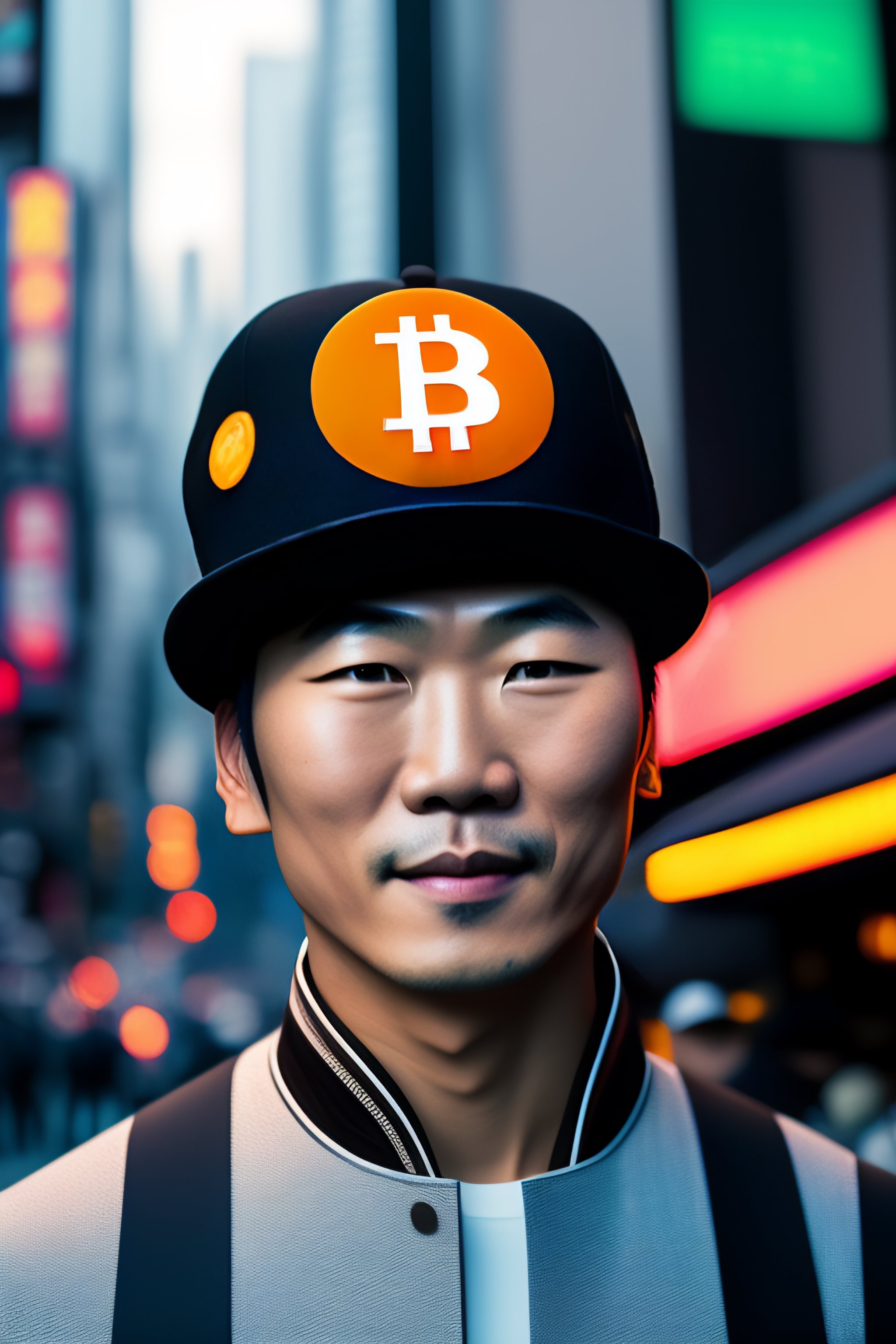 Lexica - ASIAN GUY WEARING A HAT WITH A BITCOIN LOGO ON IT IN TOKYO. IN ...