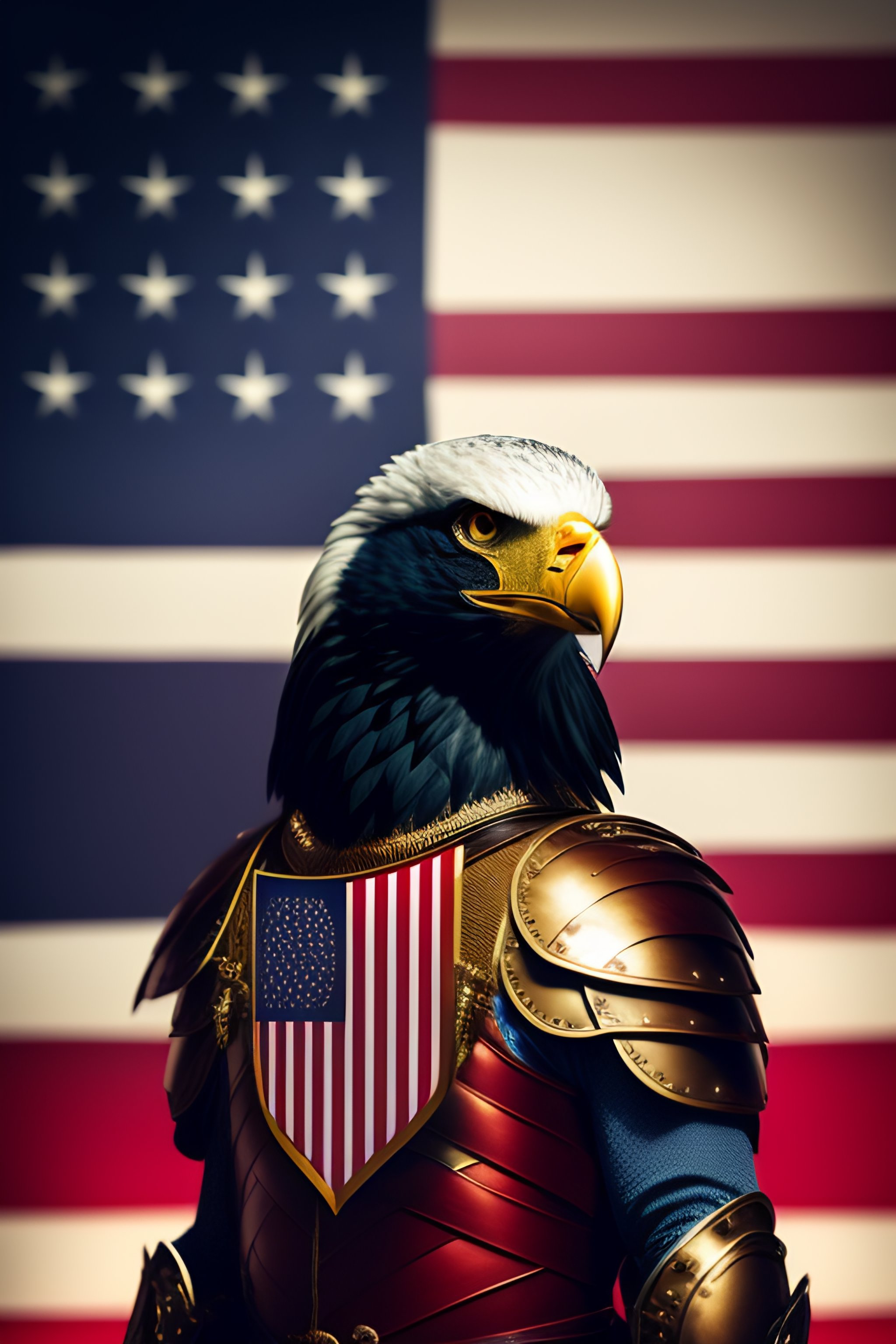 Lexica - Bald eagle wearing armor holding an american flag