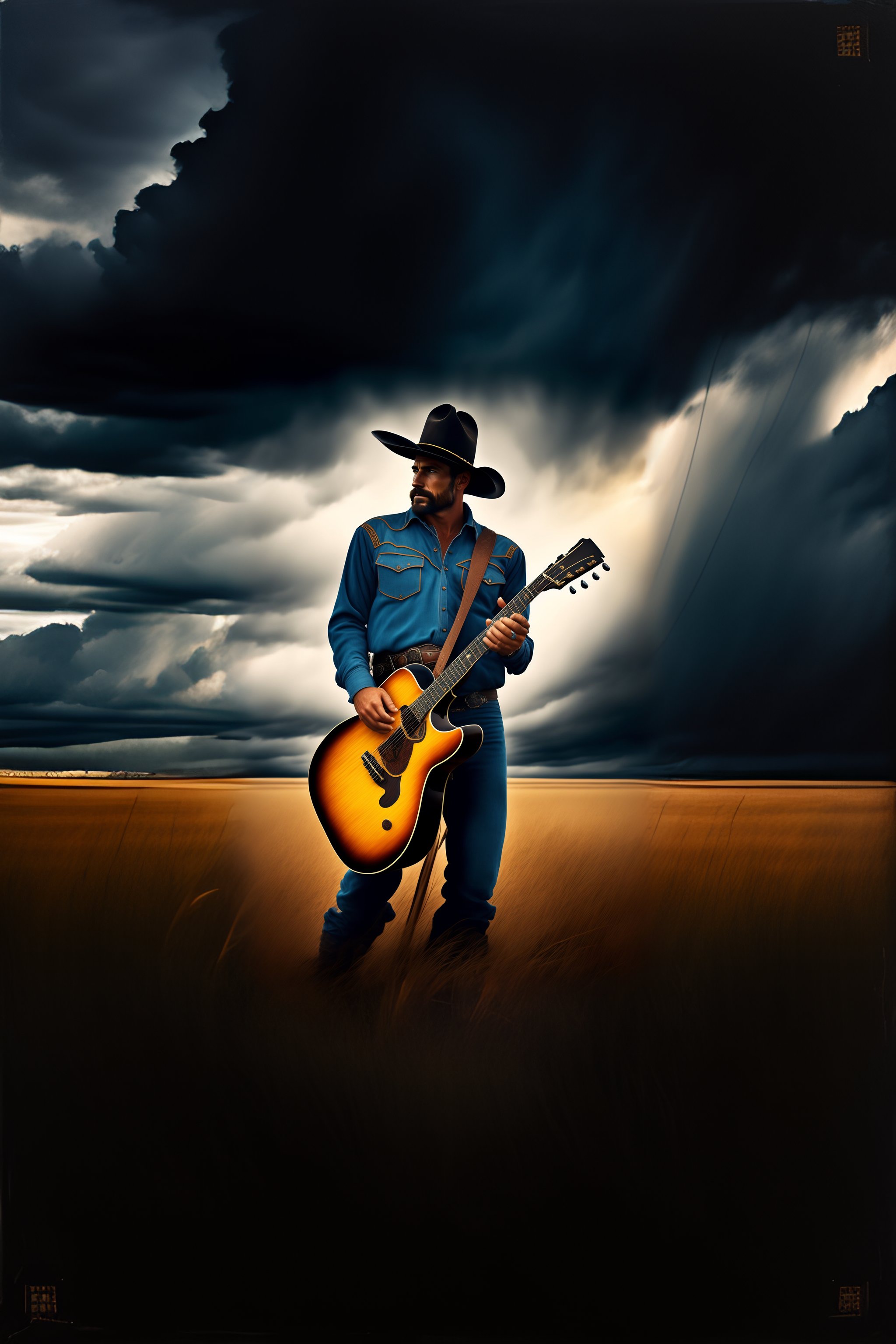 Lexica - Realism, americana, cowboy playing a electric guitar, rough ...