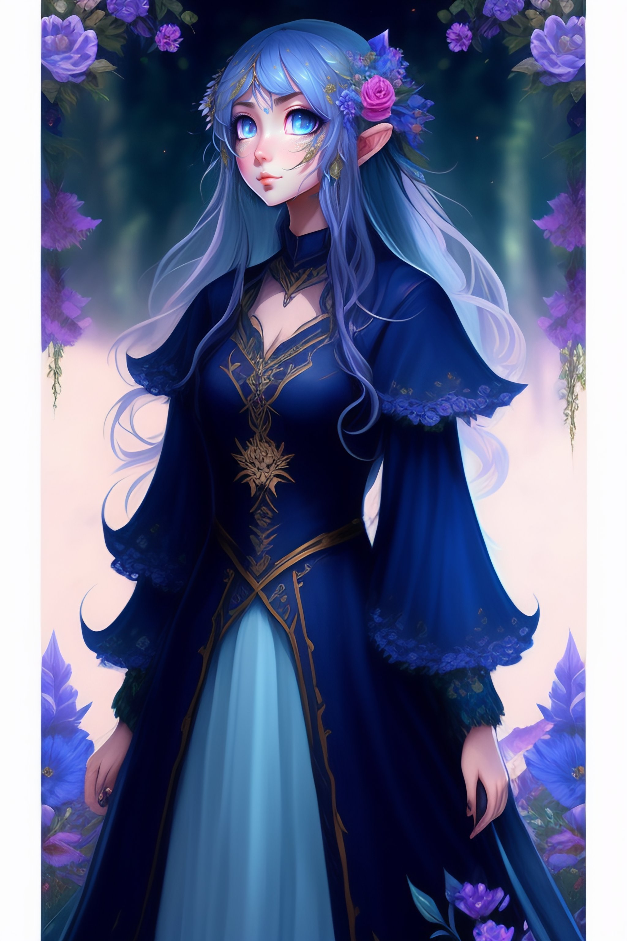 Lexica - Forest elf dress concept art, dark blue palet color, flowers ...