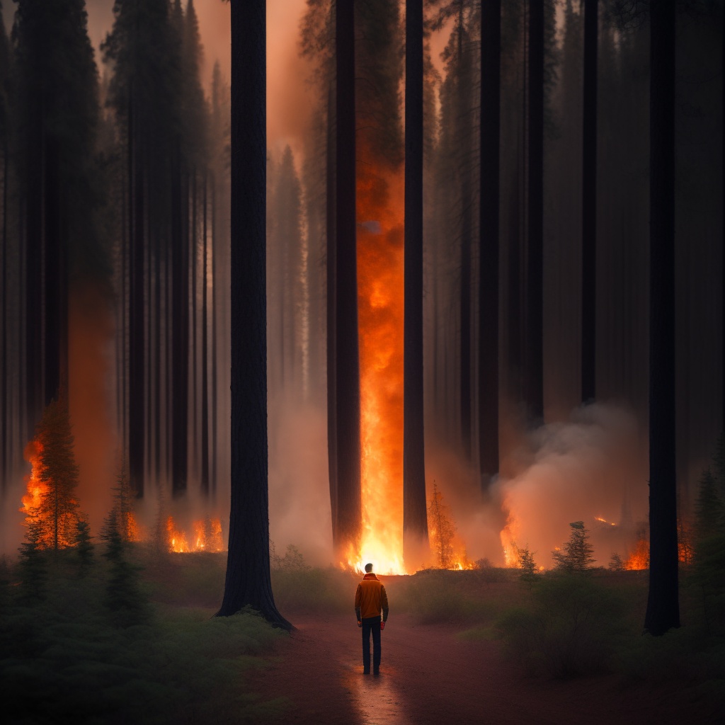 Lexica - Person standing inside a forest fire, strong determined ...