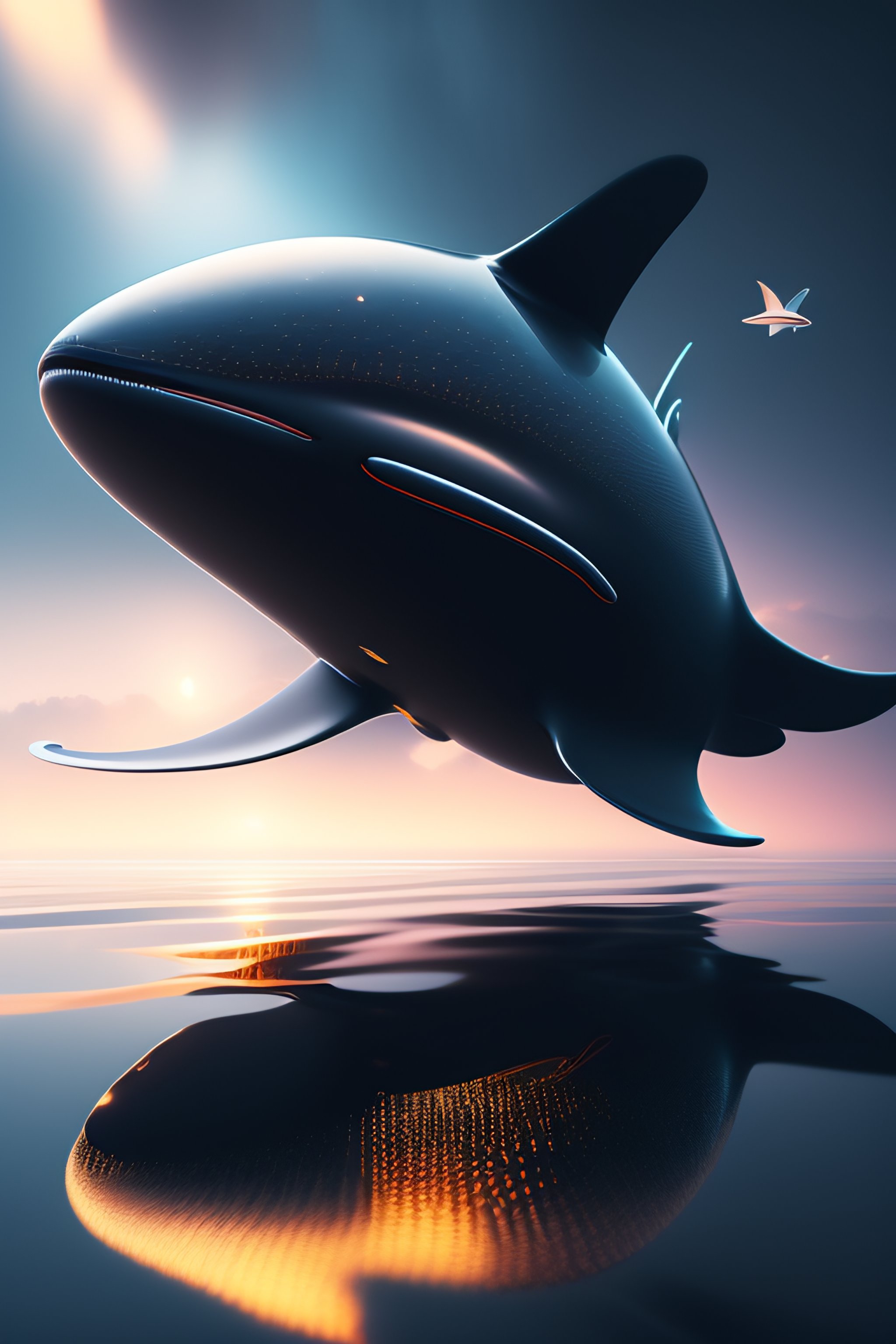 Lexica - Flying whale , light, shadows, rippling reflections, steam ...