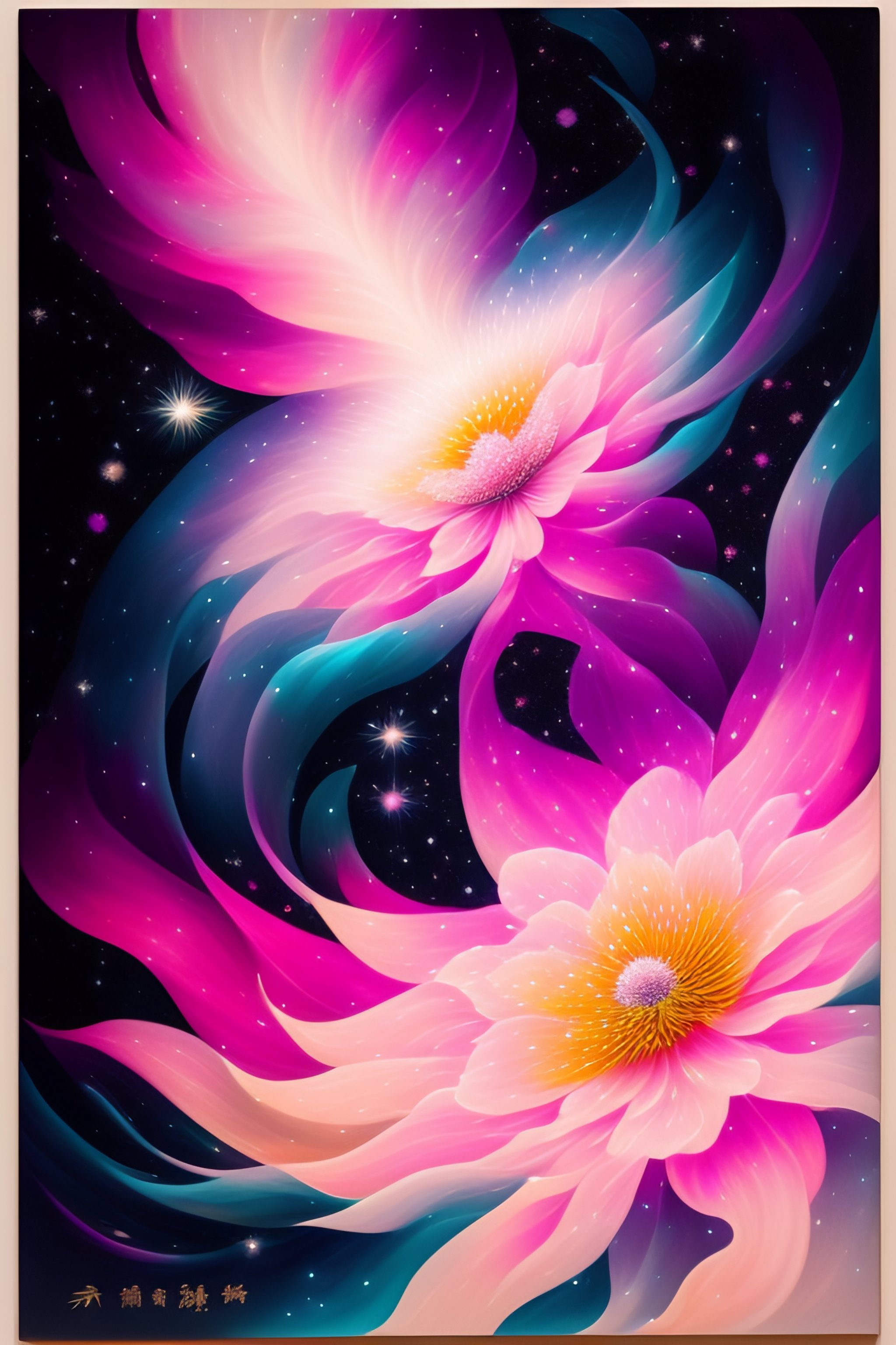 Lexica - Painting of a galactic nebula glowing flower blossoms and pink ...