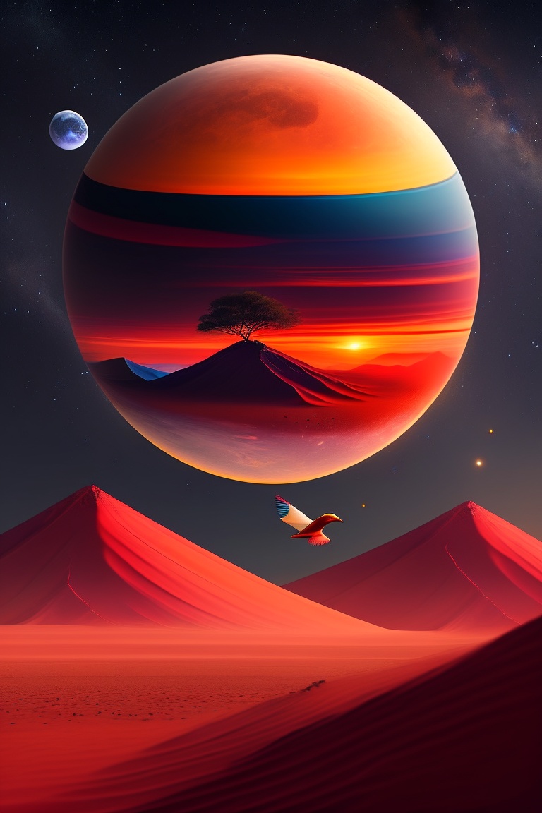 Lexica - Bird flying through the red desert, space in the background, stars, A half-destroyed ...