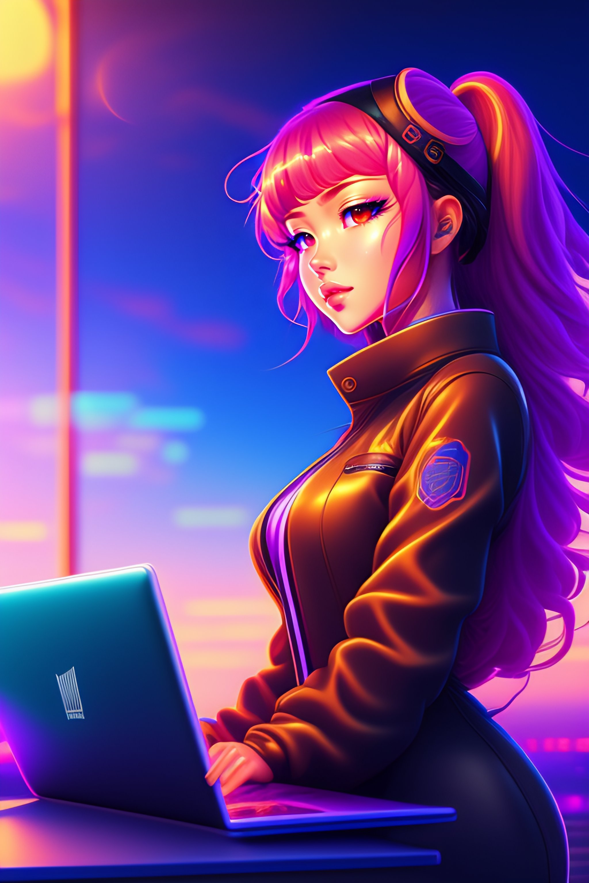 Lexica - Synthwave anime girl working on a laptop warm colours, digital ...