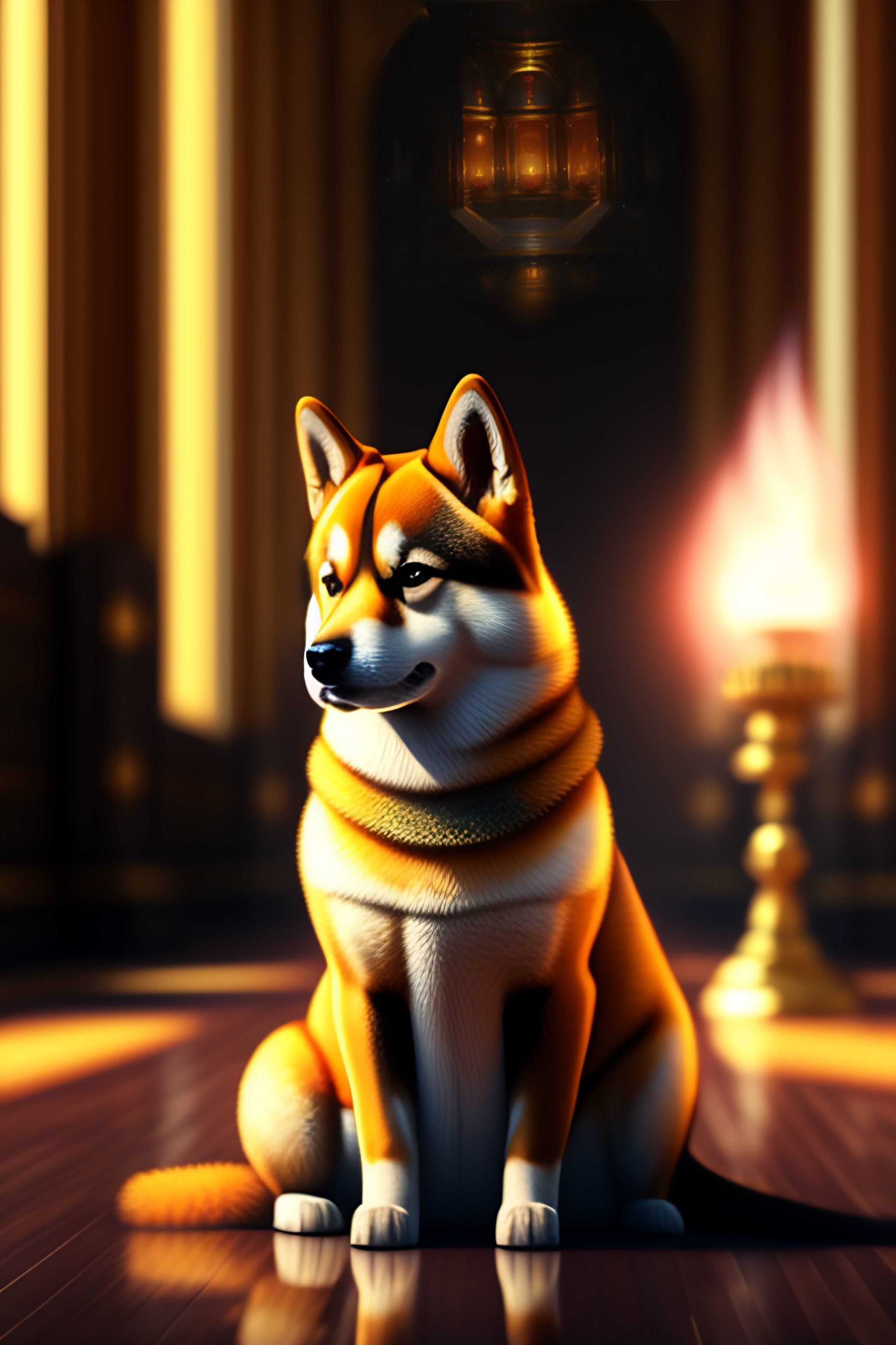 Lexica - Cinematic portrait of cute shiba inu, inside a hall of a ...