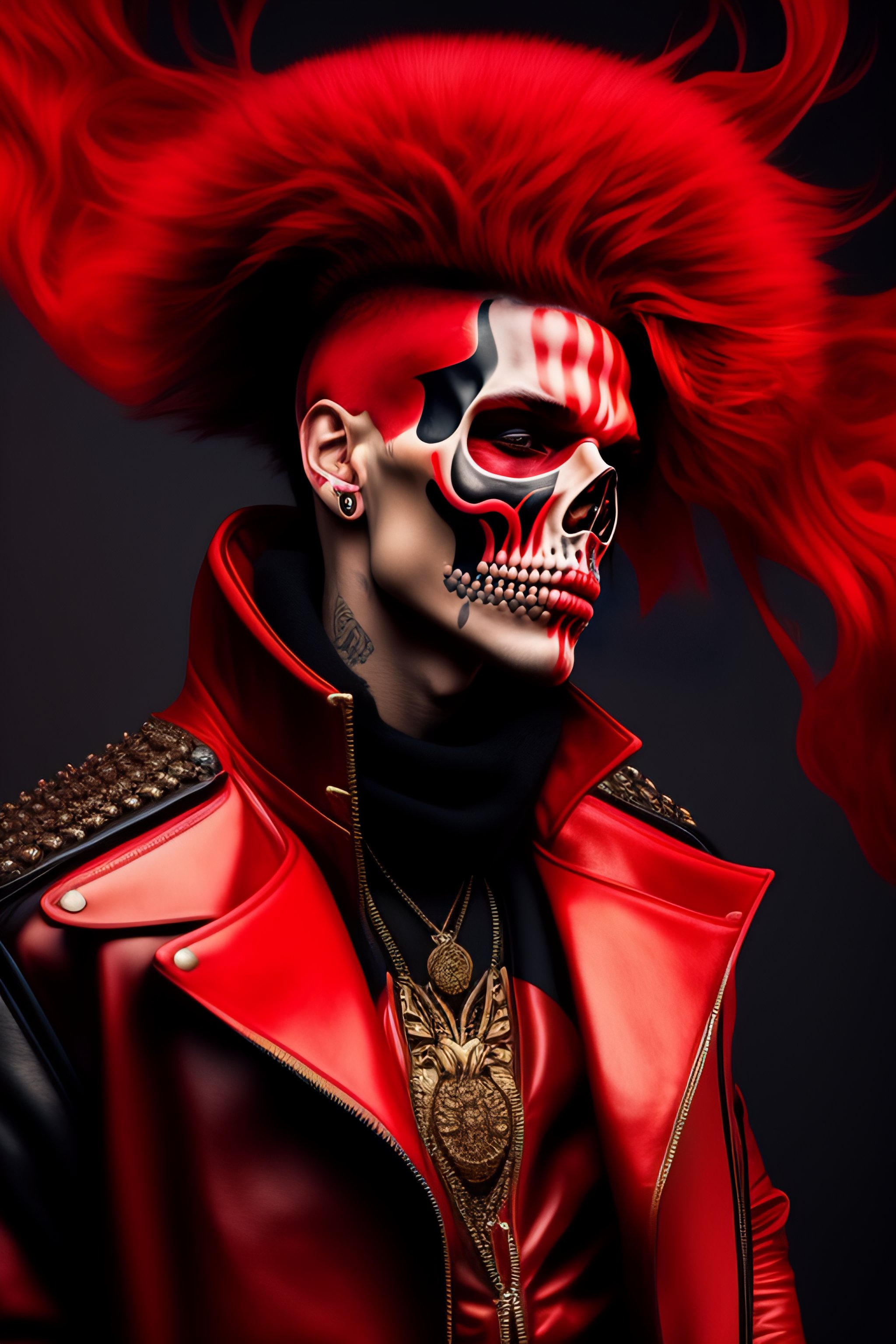 Lexica - Hyper detailed fine art portrait of skull head punk with red ...