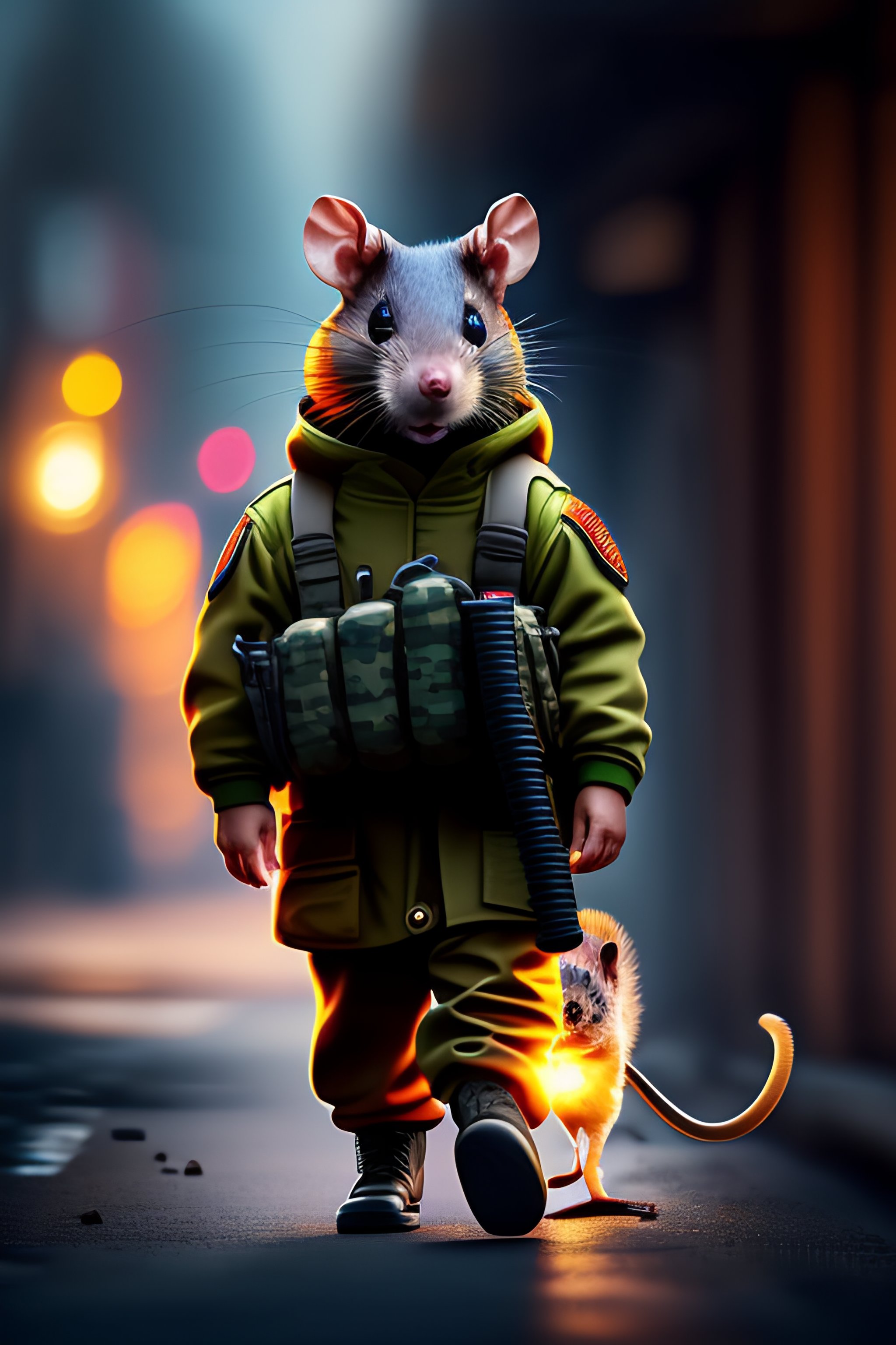 Lexica - A military rat with a machine gun walking with a baby by an ...