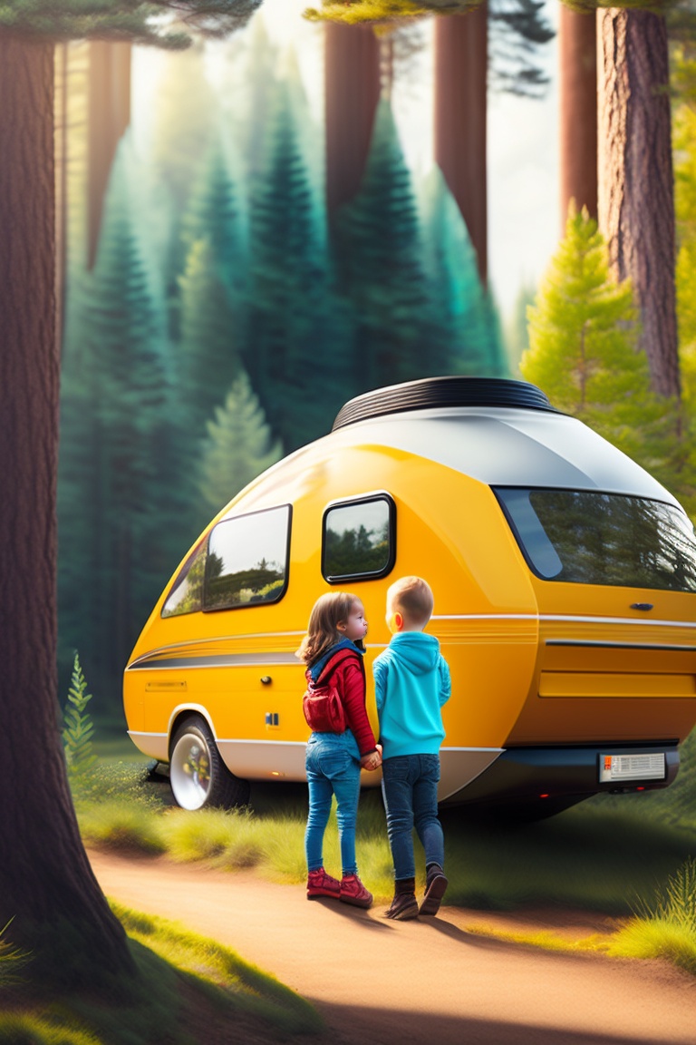 Lexica - Young family, 2 kids, Electric camper, Sunny day, Forest ...