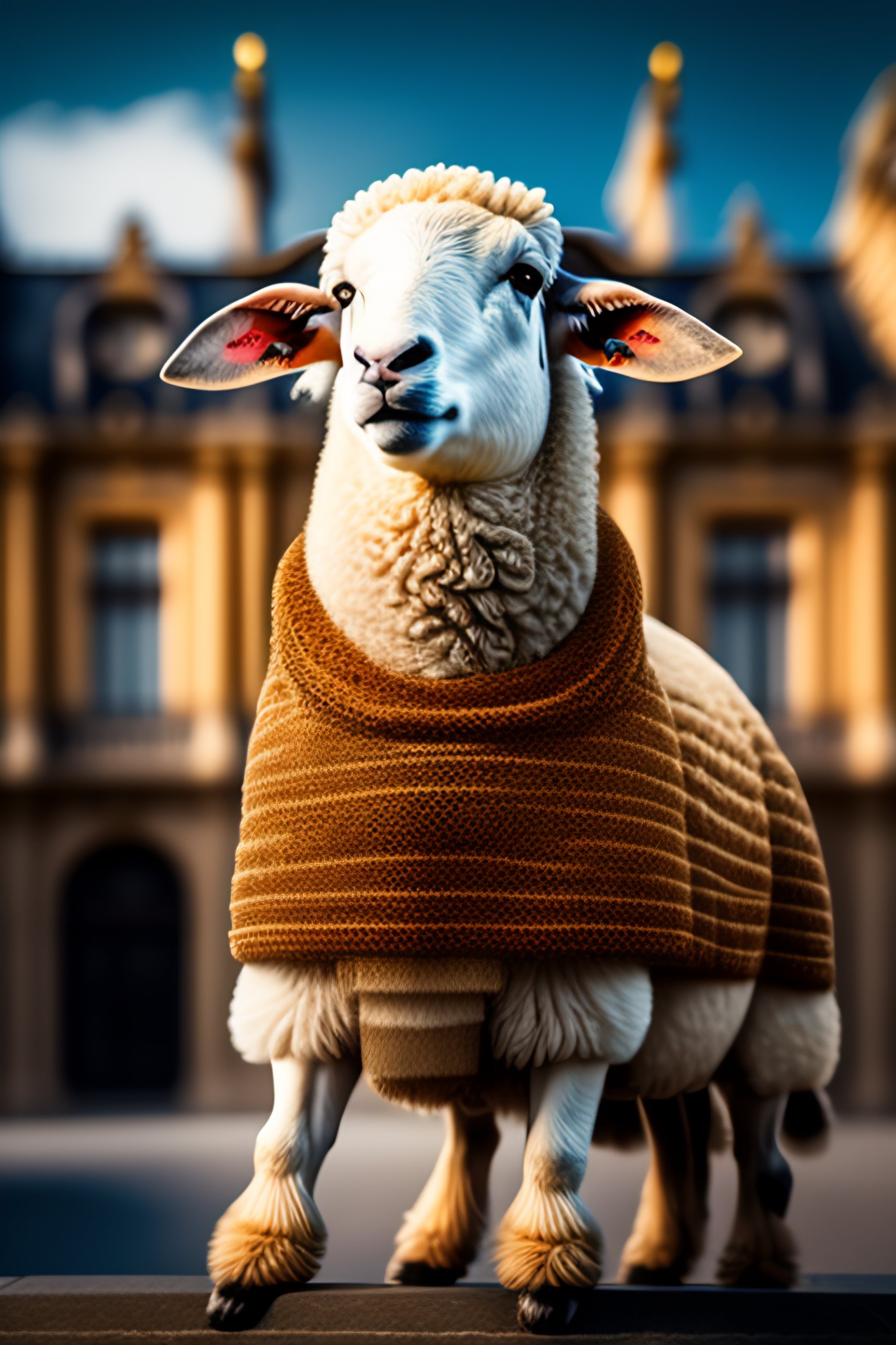Lexica - Portait of a sheep in baroque armor in front of woollen palace