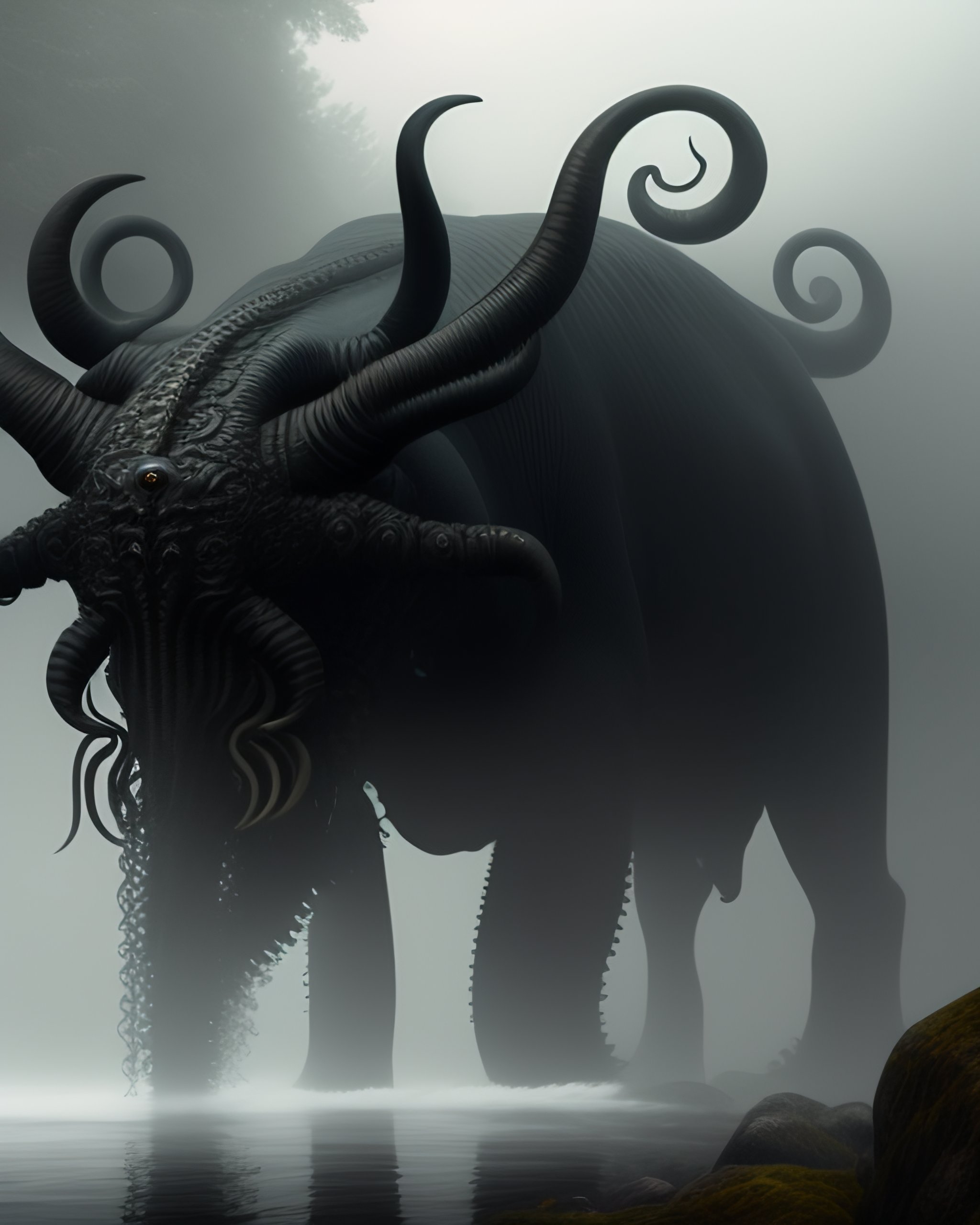 Lexica - Creature eldritch horror, dark obscured by fog, photorealistic ...