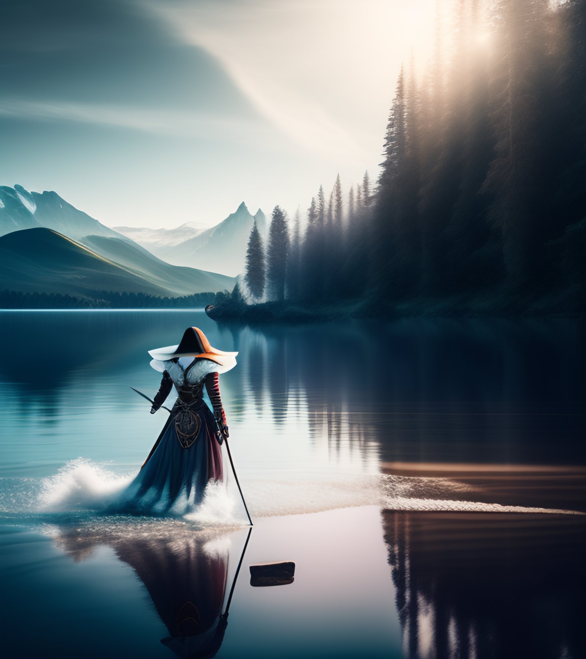 Lexica - Strong white knight fighting witch by the lake, imax quality ...