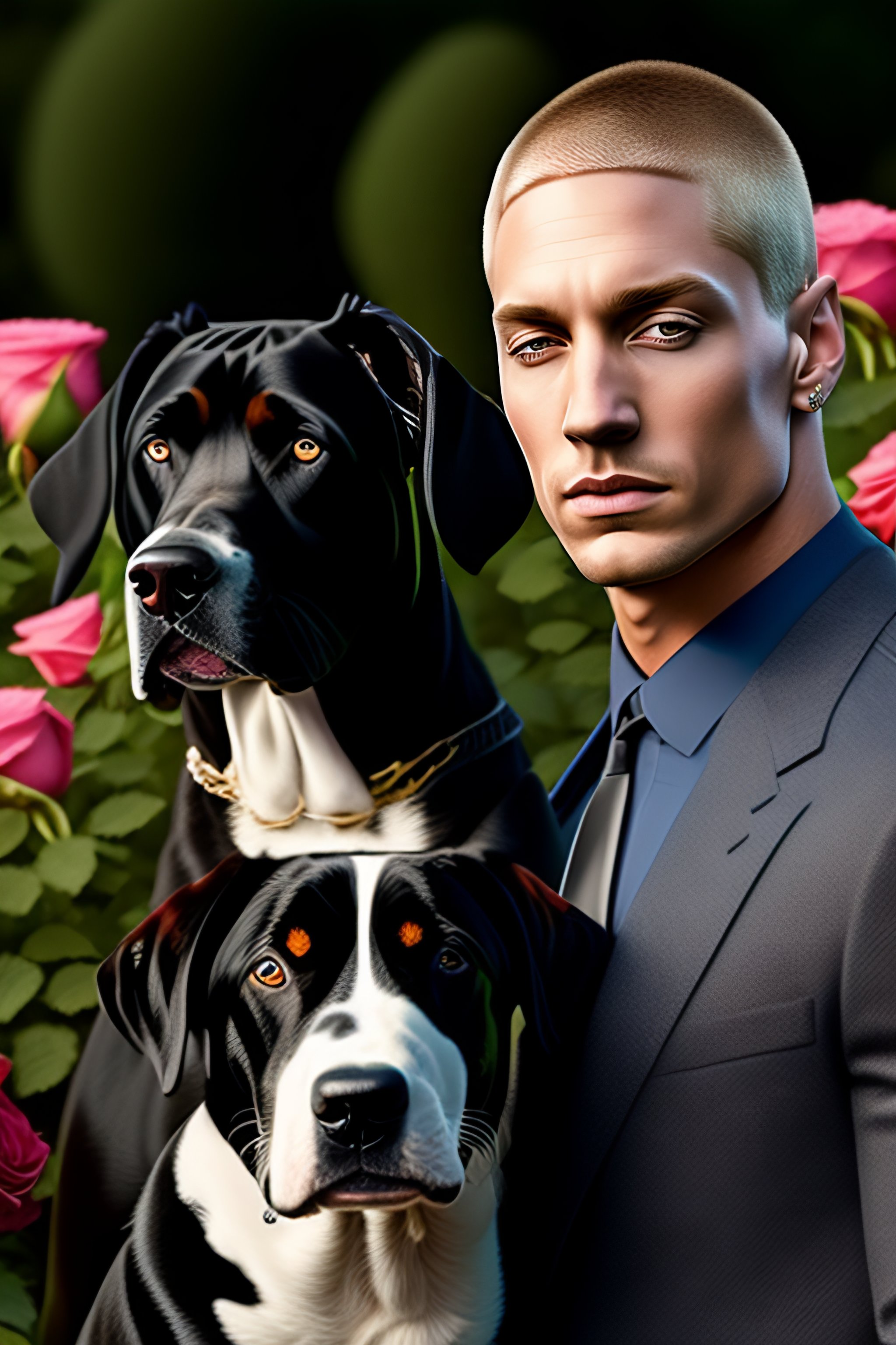 Lexica - Highly realistic photo of Eminem, holding a black Great Dane ...