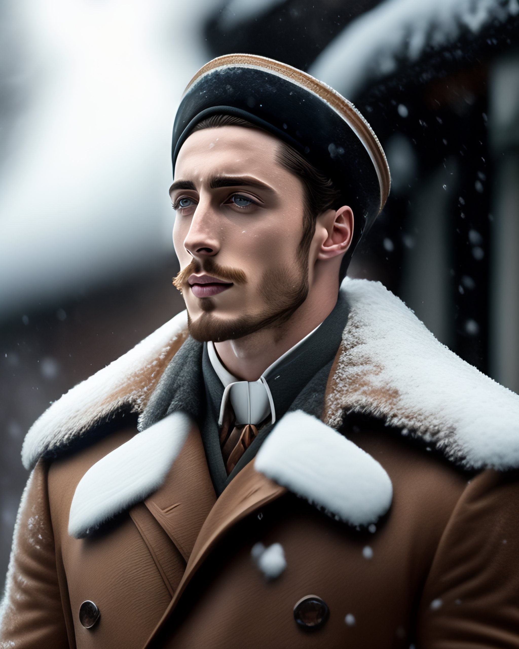 Lexica - Aaron Taylor-Johnson as Georges Duroy under a snowfall