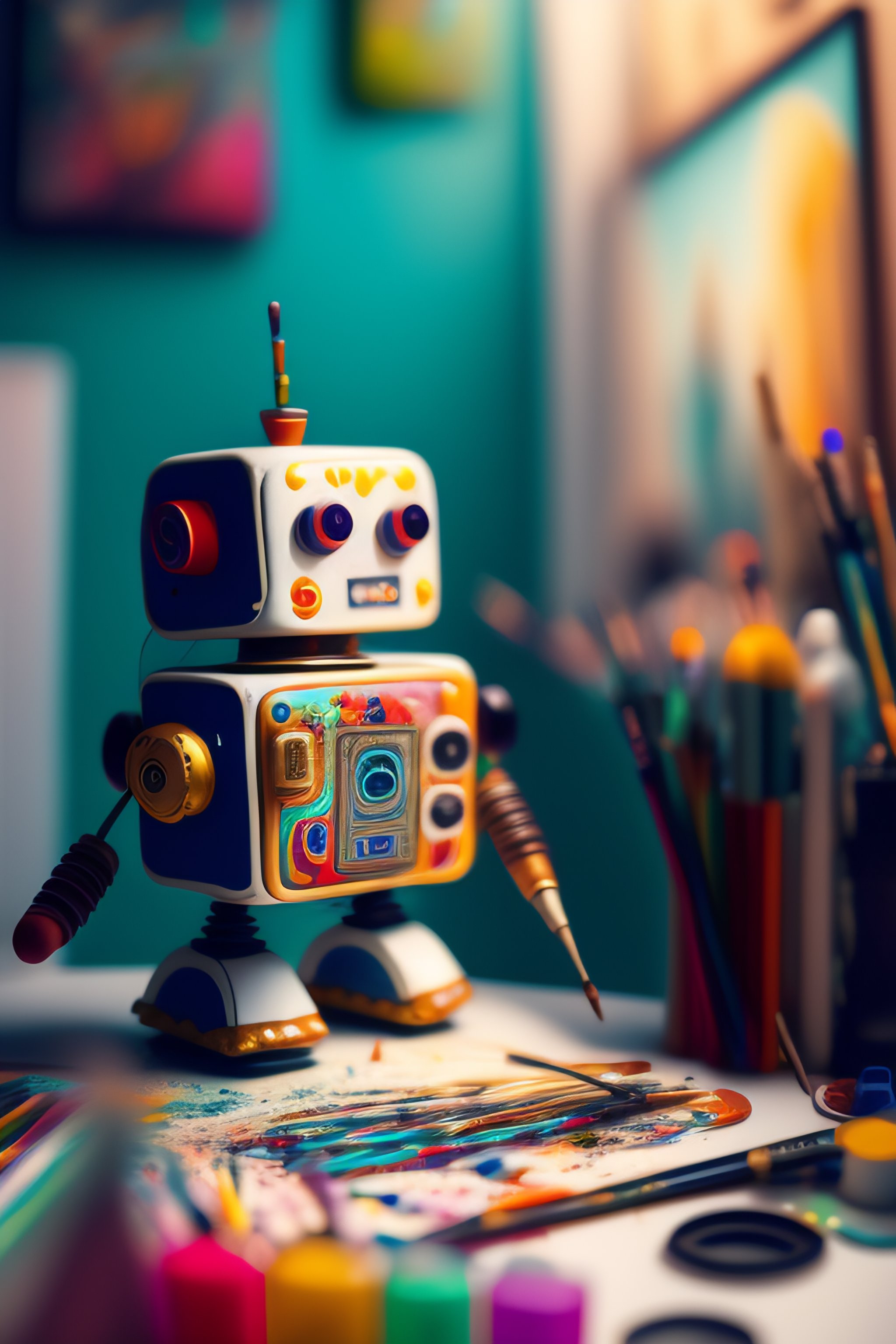 Lexica - A messy, chaotic artist's workshop, inside is a cute robot ...