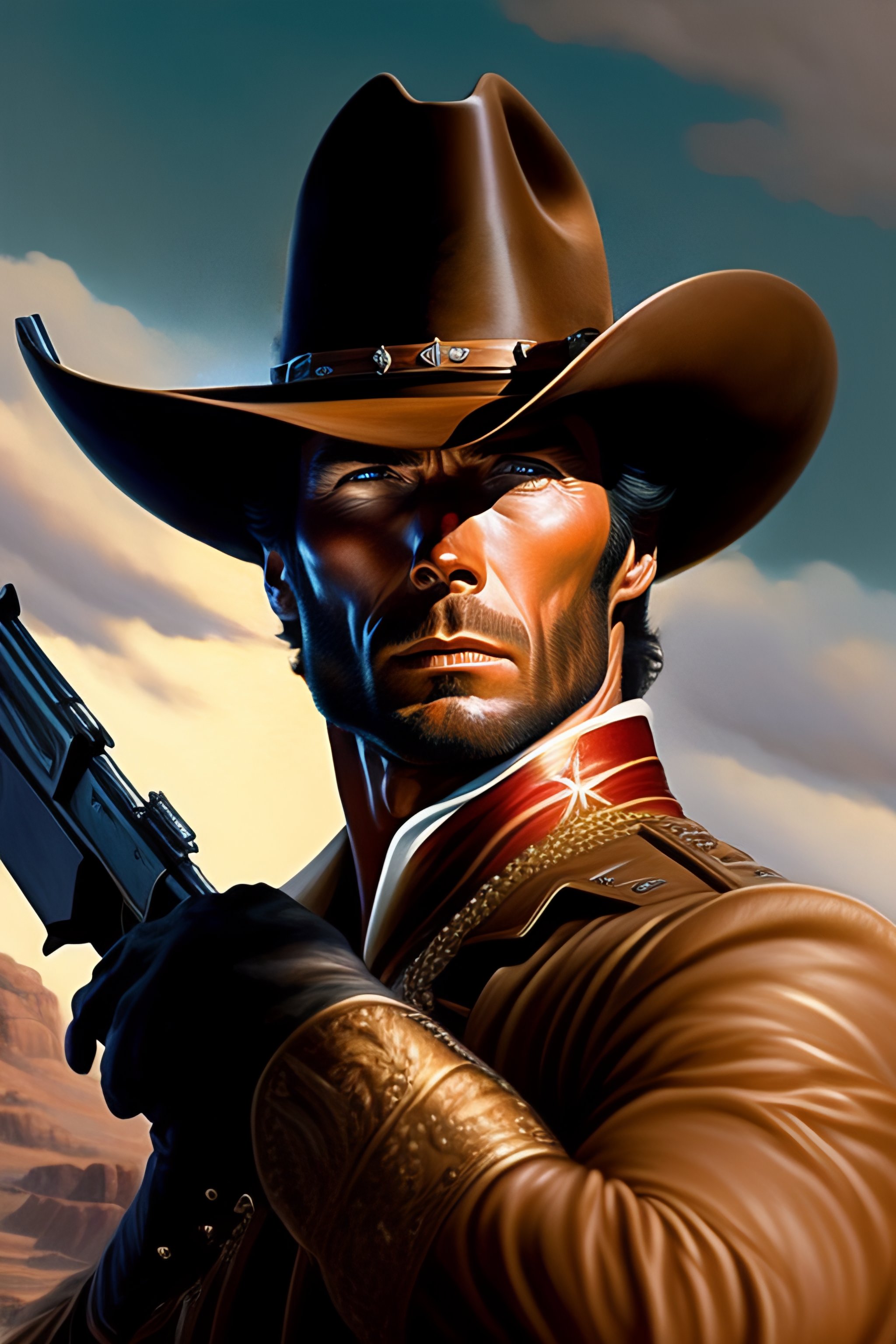 Lexica - Clint eastwood portrait shot of a brutal western cowboy firing ...