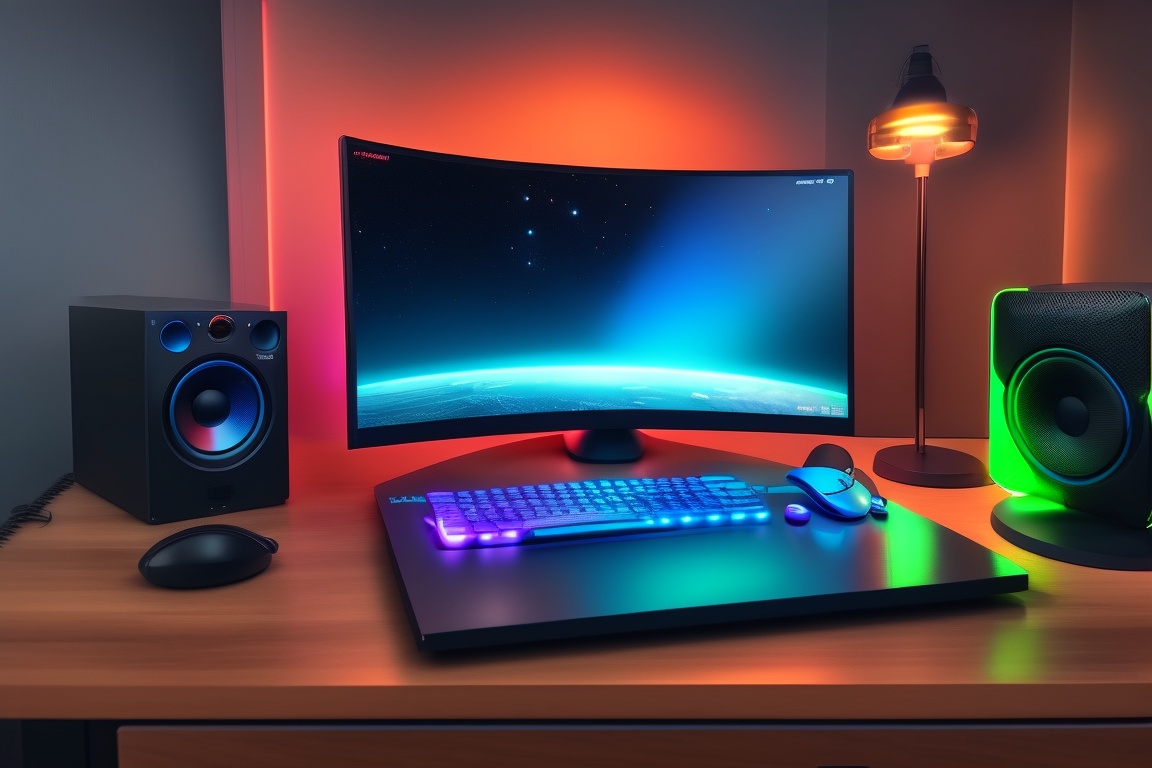 Lexica - Computer desk, streamer, monitor, joystick, neon, stream
