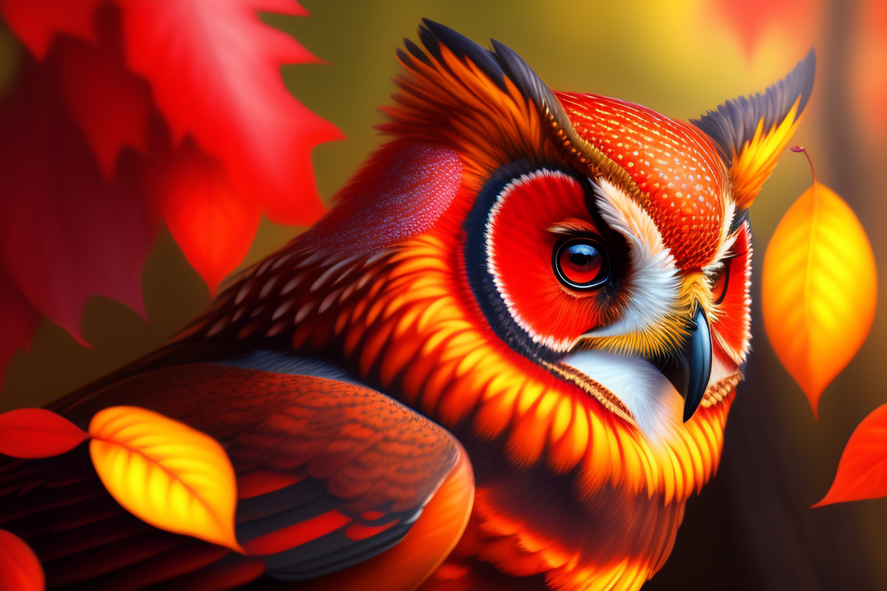 Lexica - Radiant red owl, glowing amber, autumn colours, highly ...