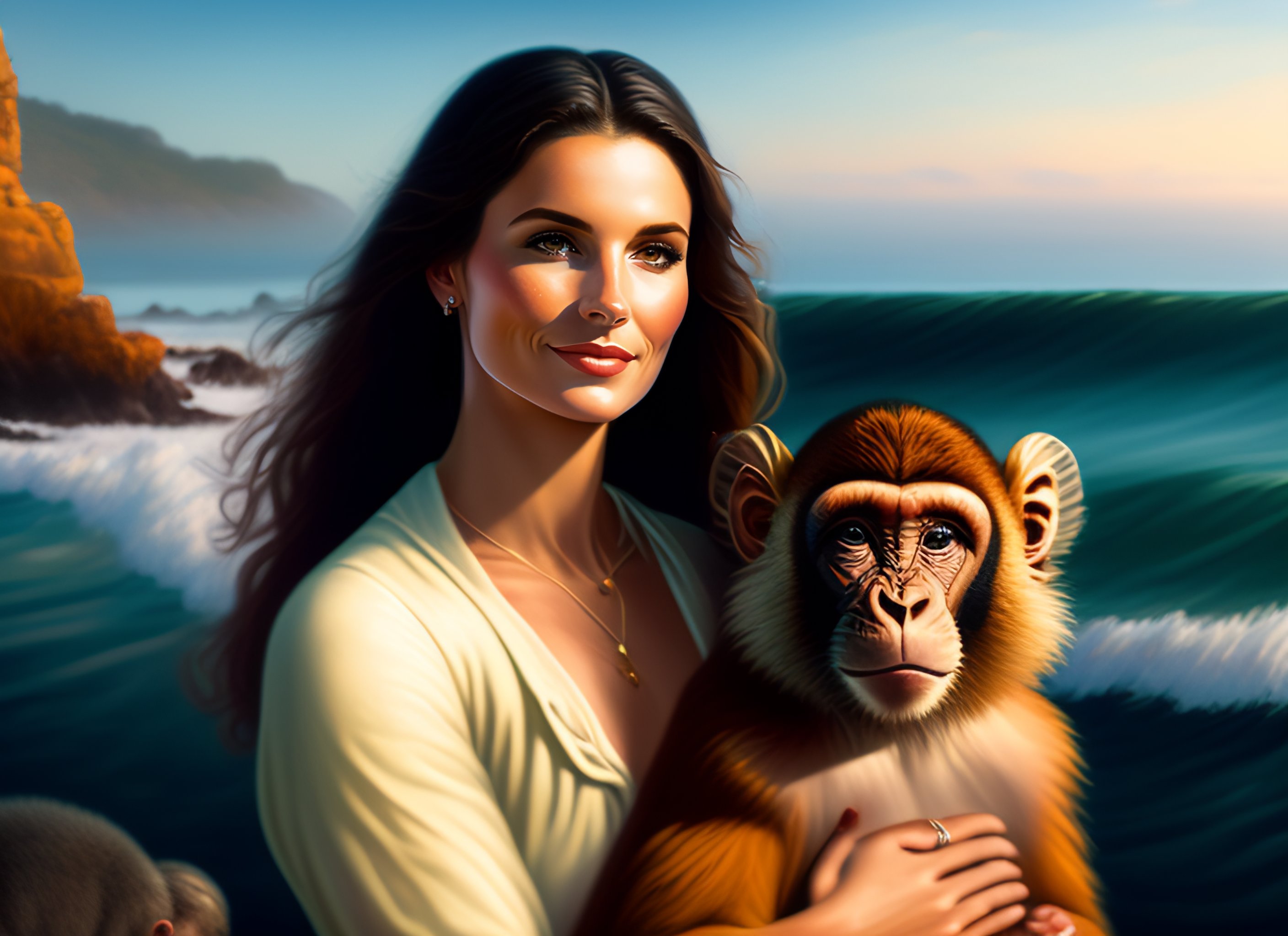 Lexica - Woman holding a monkey by the sea