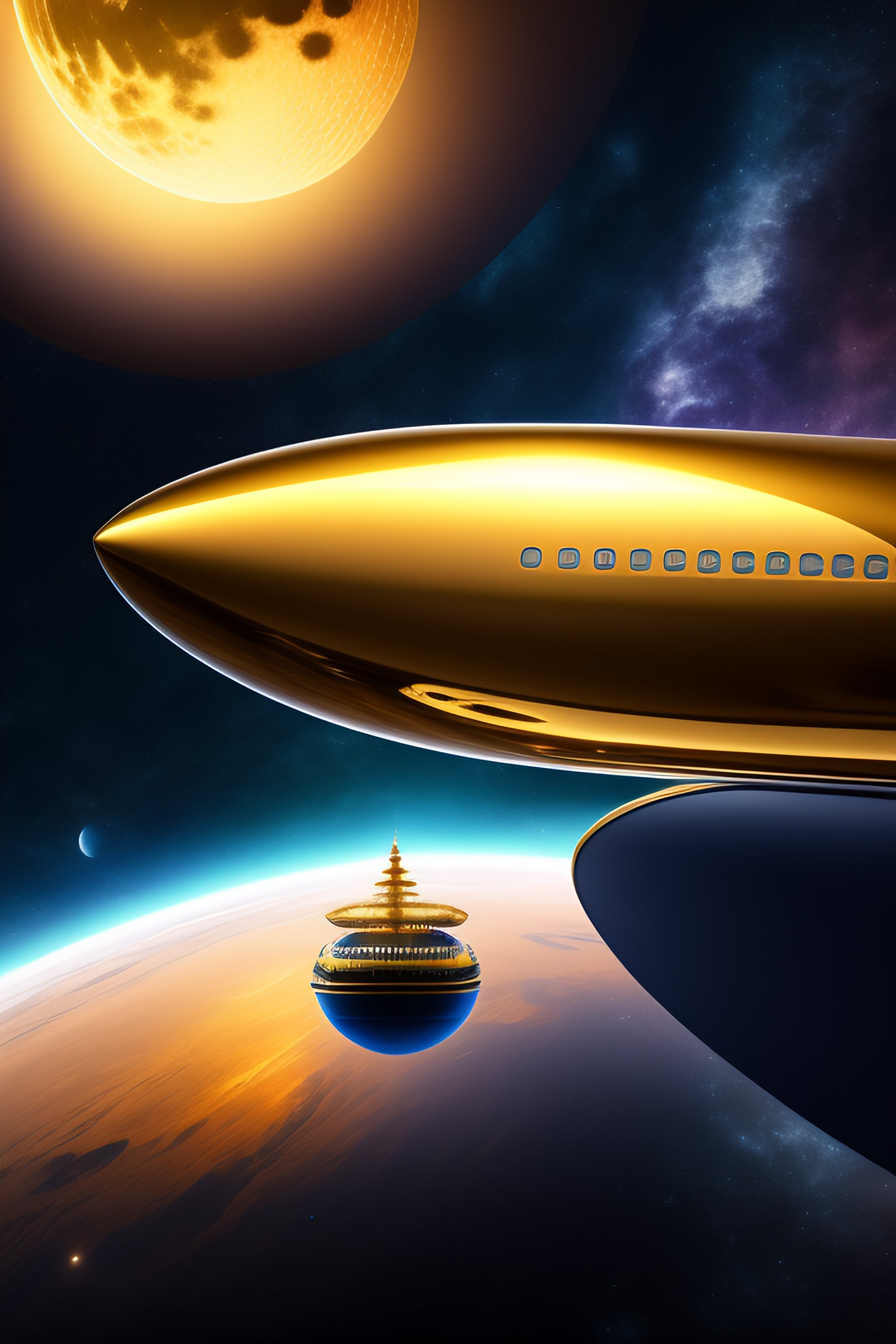 Lexica - A GOLDEN LUXURY MEGA YACHT FLYING IN SPACE NEAR THE MOON
