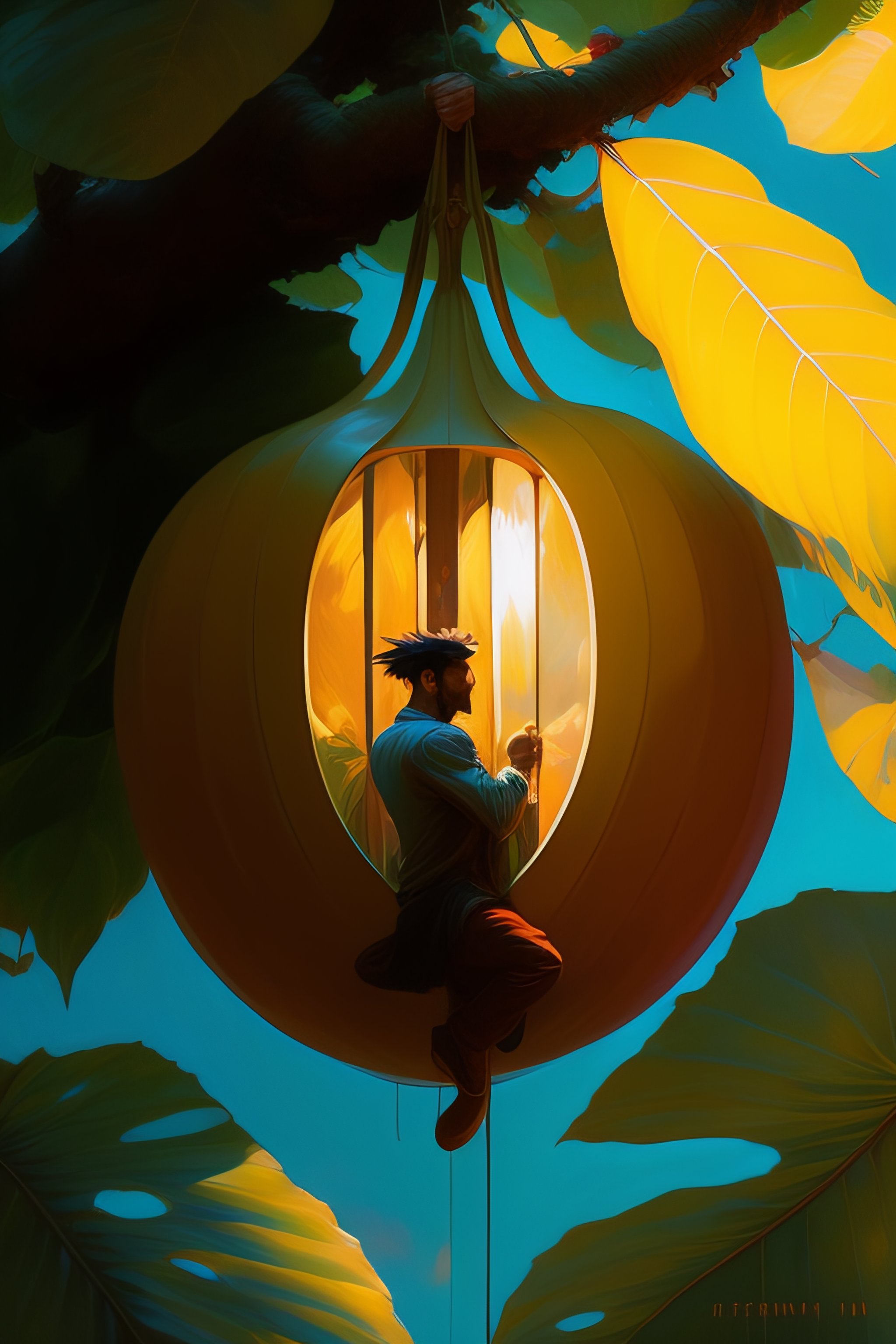 Lexica - A man hanging upside-down like a fruit from a tree branch by tsuyoshi nagano, greg ...