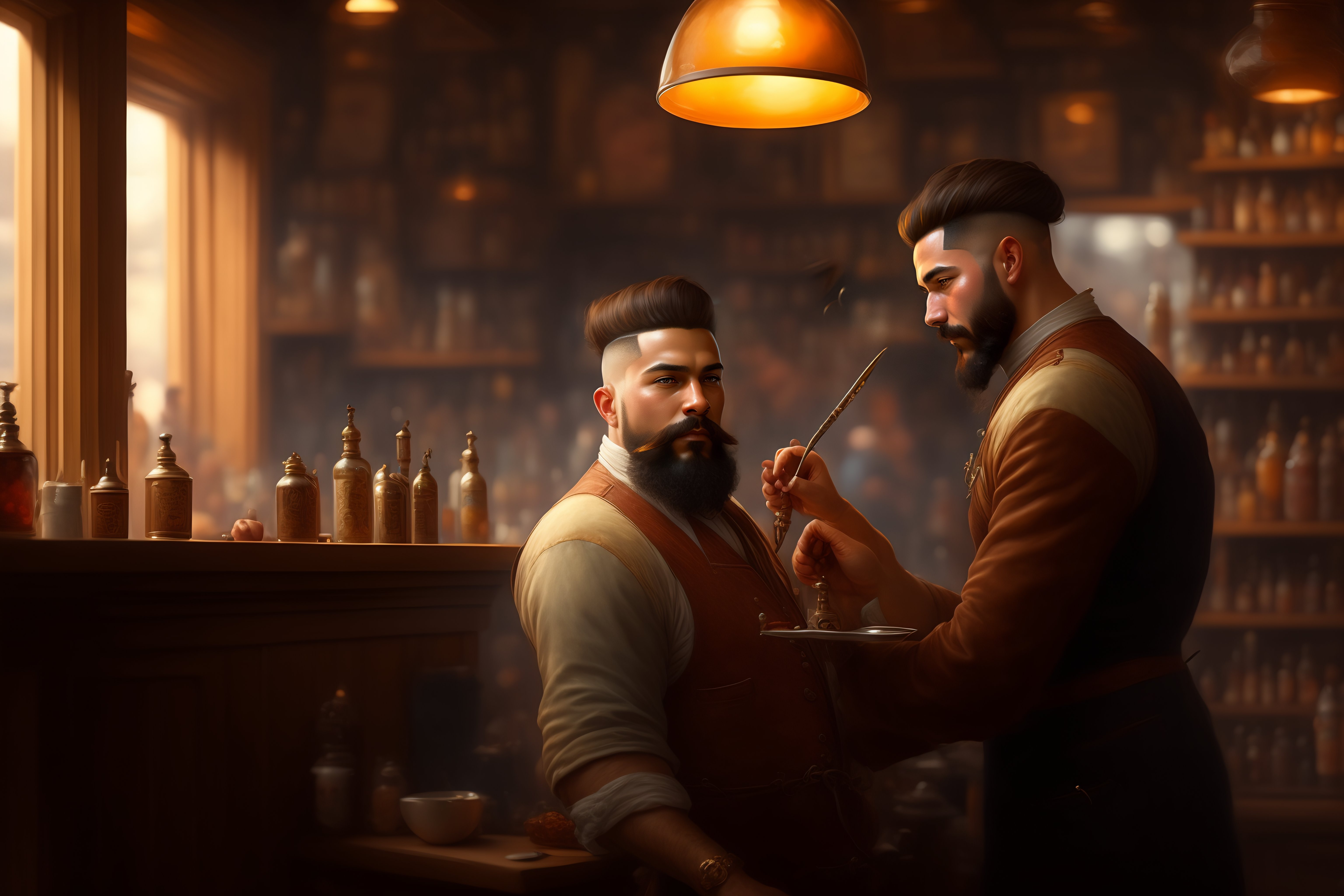 Lexica - A customer and a barber in a barber shop illustrator, by justin gerard and greg ...