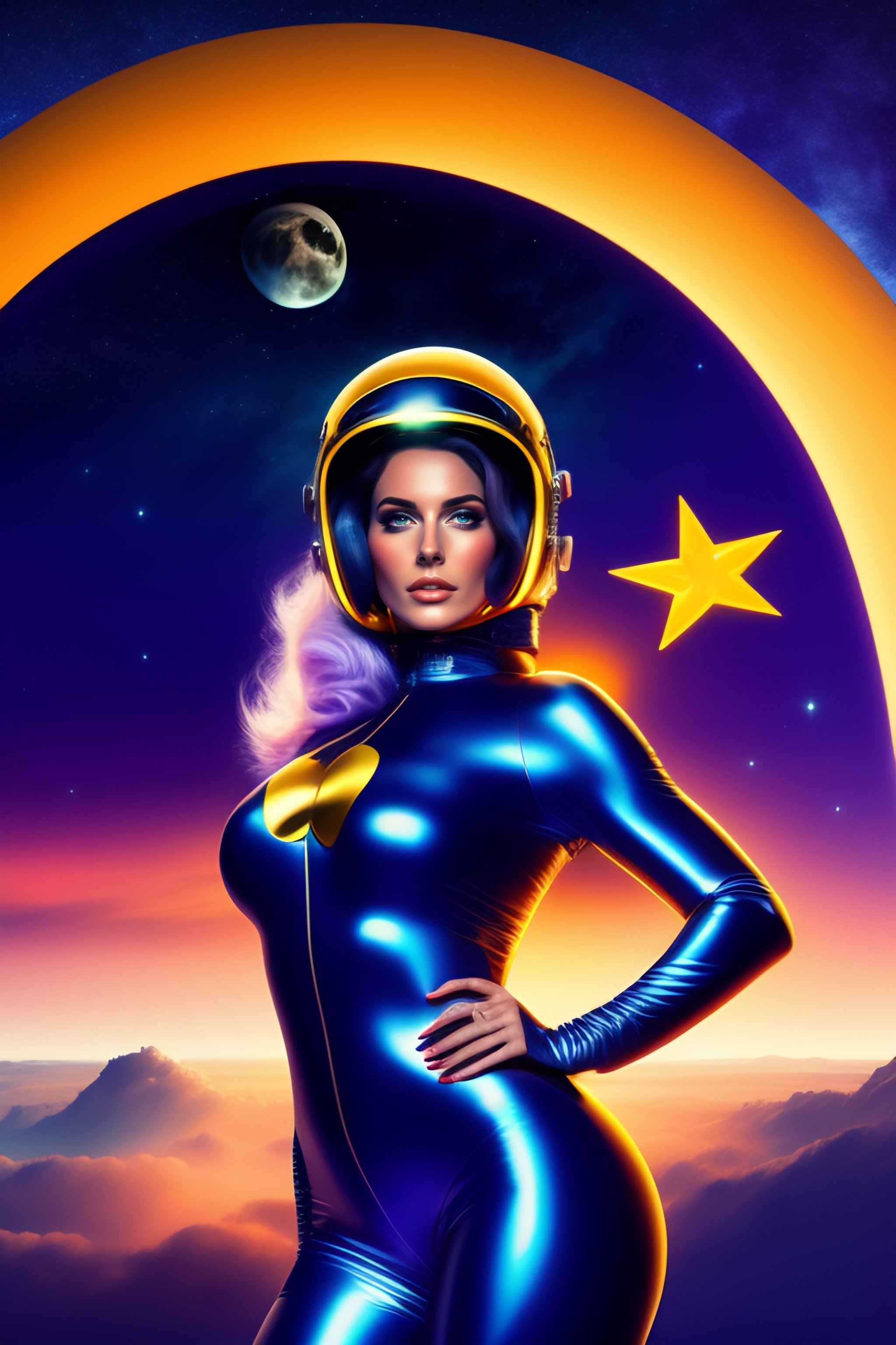 Lexica - Hot Spacegirl in catsuit with future golden helmet in front of a blue moon