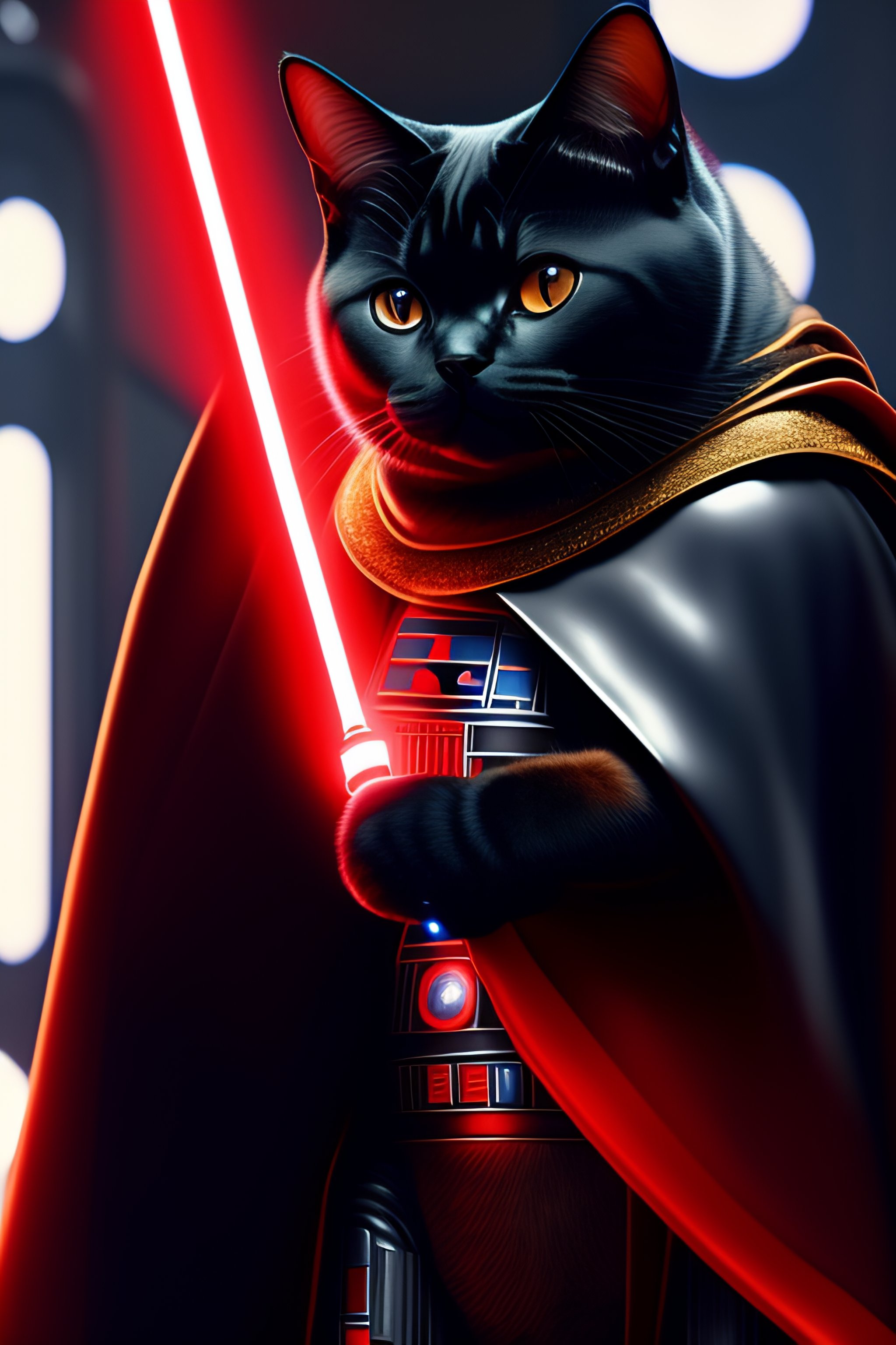 Lexica - Star Wars scene artificial intelligence a british shorthair cat wearing black sith ...