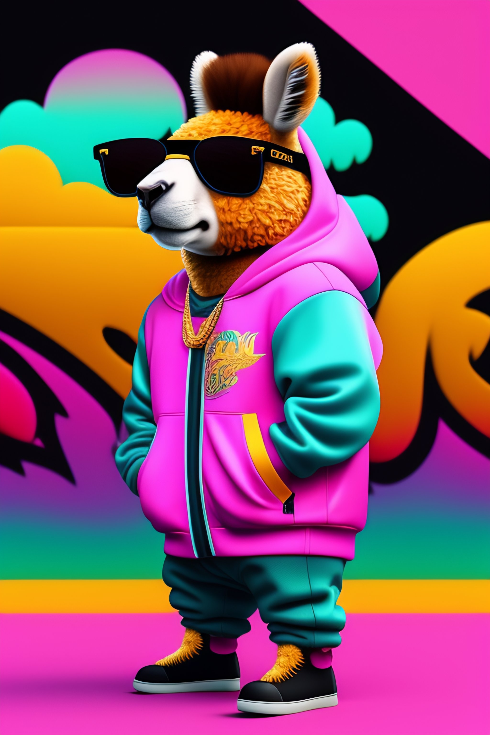 Lexica - A stuffed llama wearing a pink jaguar print hoodie and gold ...