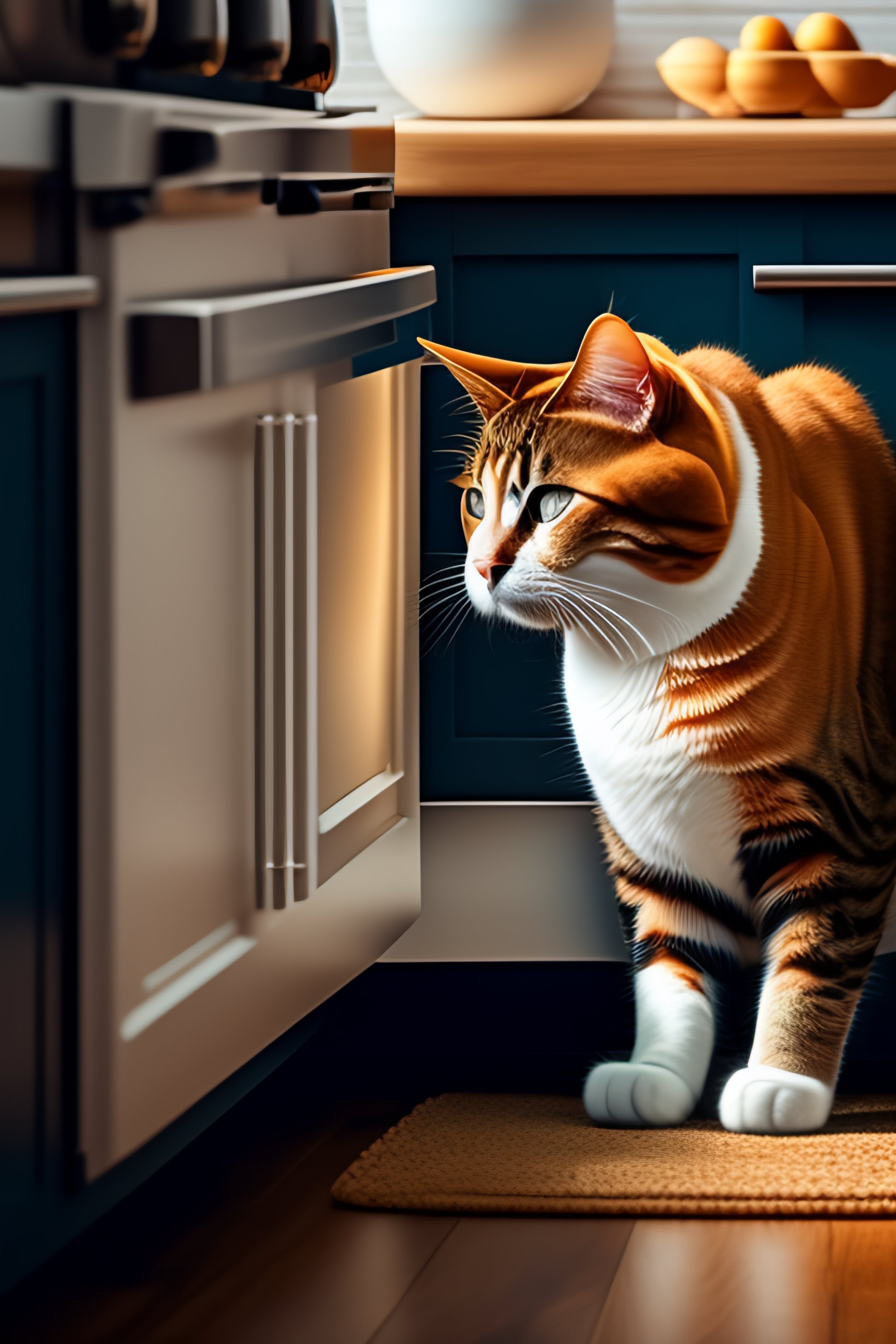 Lexica - A cat meowing in the kitchen while a human is cooking a tasty ...