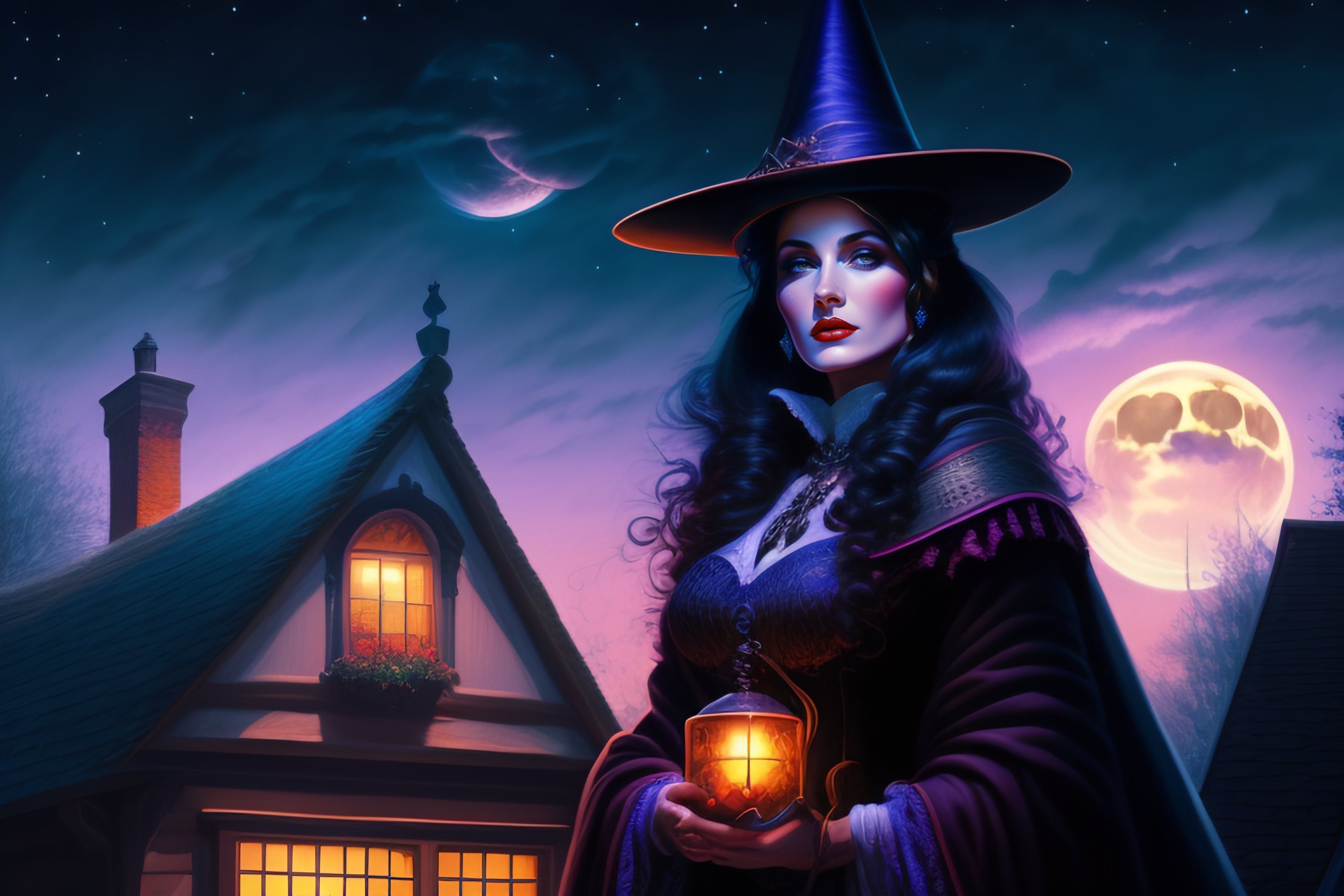 Lexica - Goth witch sitting on a roof holding a bag full of presents ...