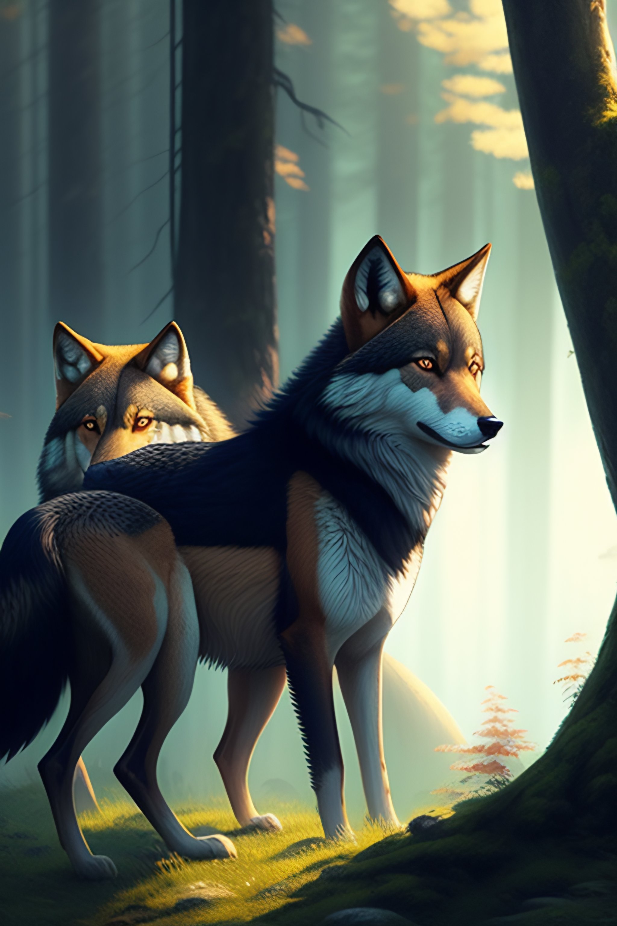 Lexica - Wide shot illustration about 3 little wolves In a forest ...