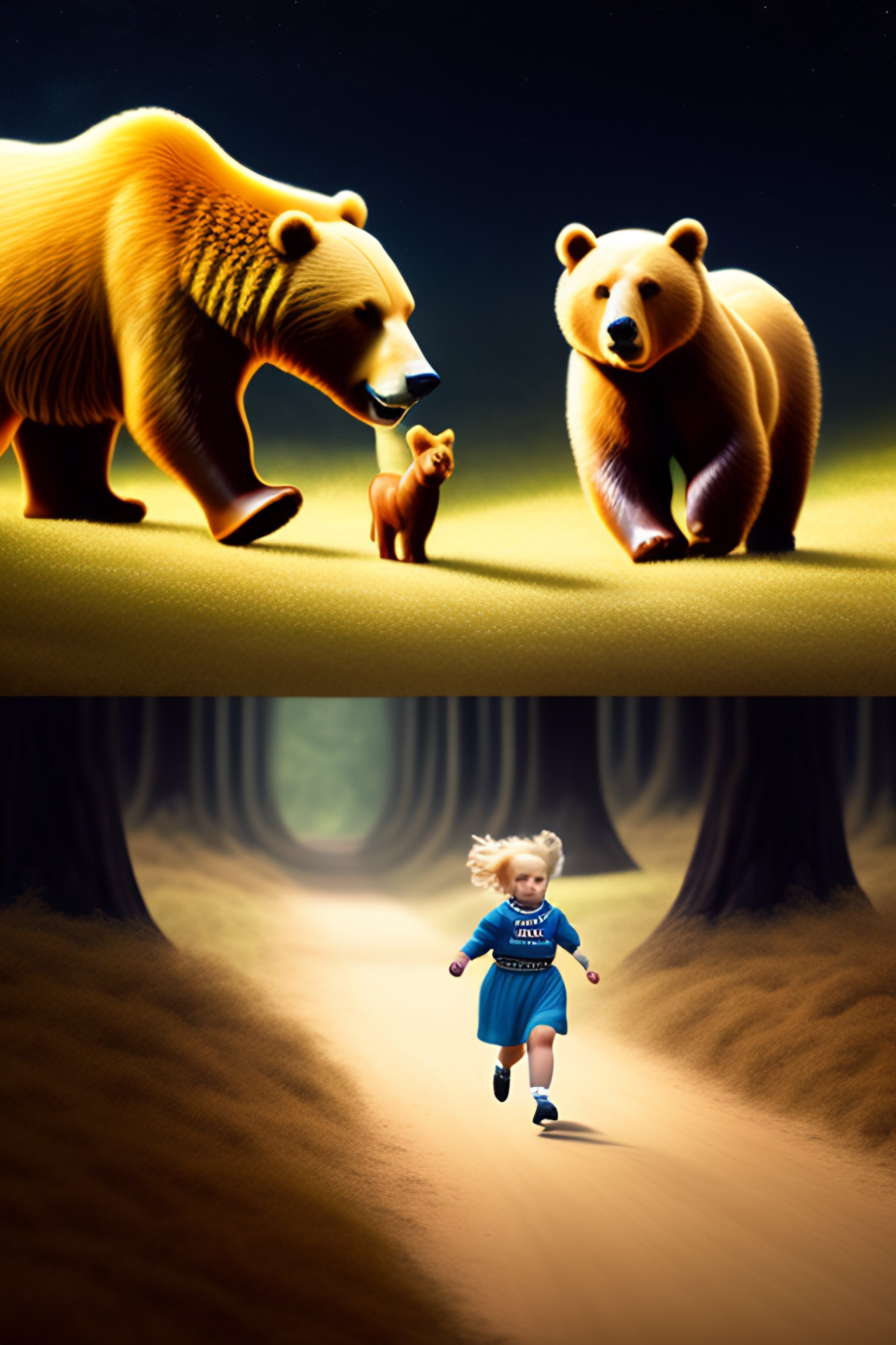 Lexica - Goldilocks running away from the three bears