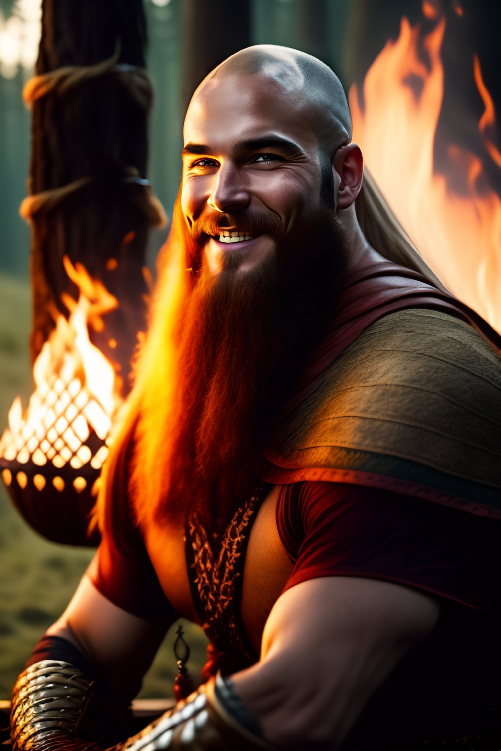Lexica - D&d bald viking berserker with relaxed smile sitting by a ...