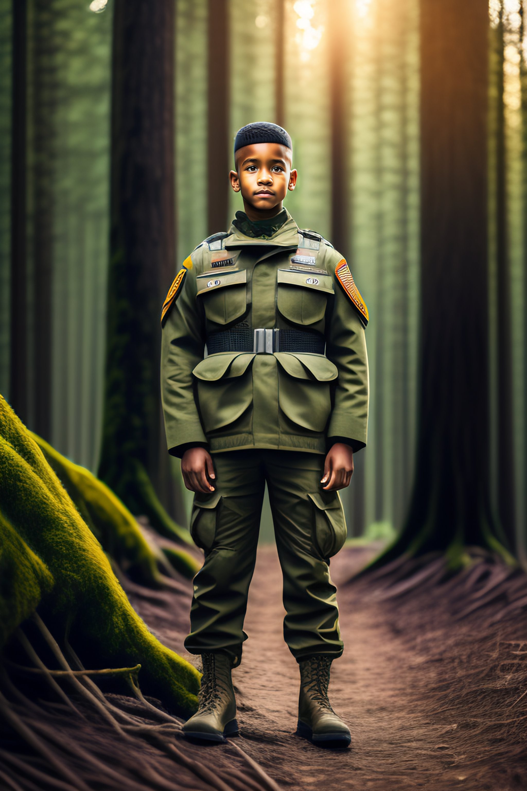 Lexica - Realistic photo of Soldier Boy standing on a log in the forest