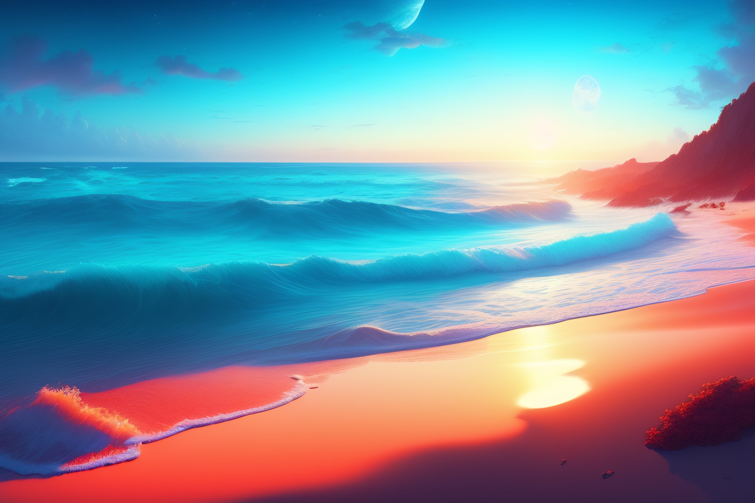 Lexica - Cyan glowing ocean, red sunset ,white sand beach, giant seashells, golden stars night ...
