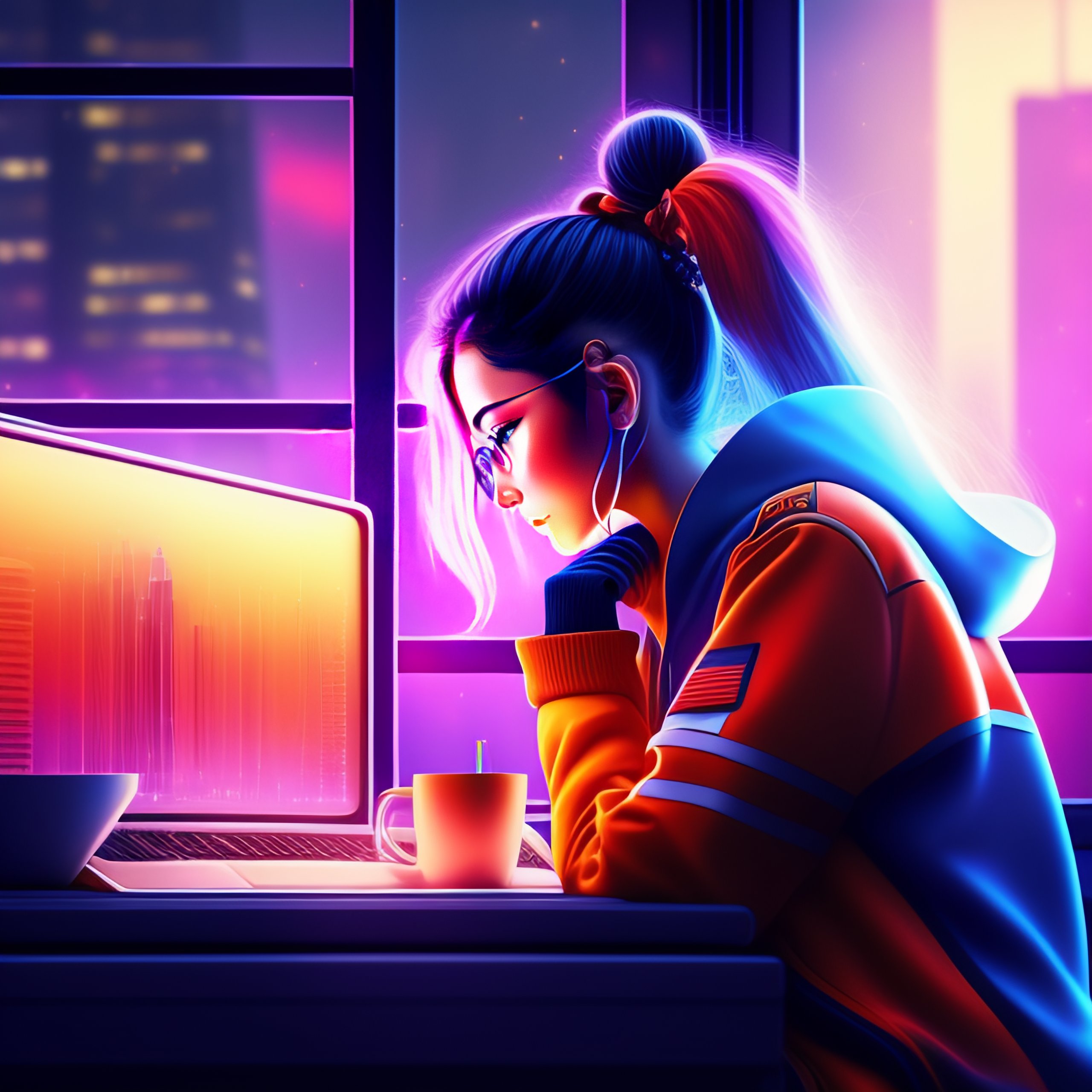 Lexica - Illustration of a girl working on a computer in a small room ...