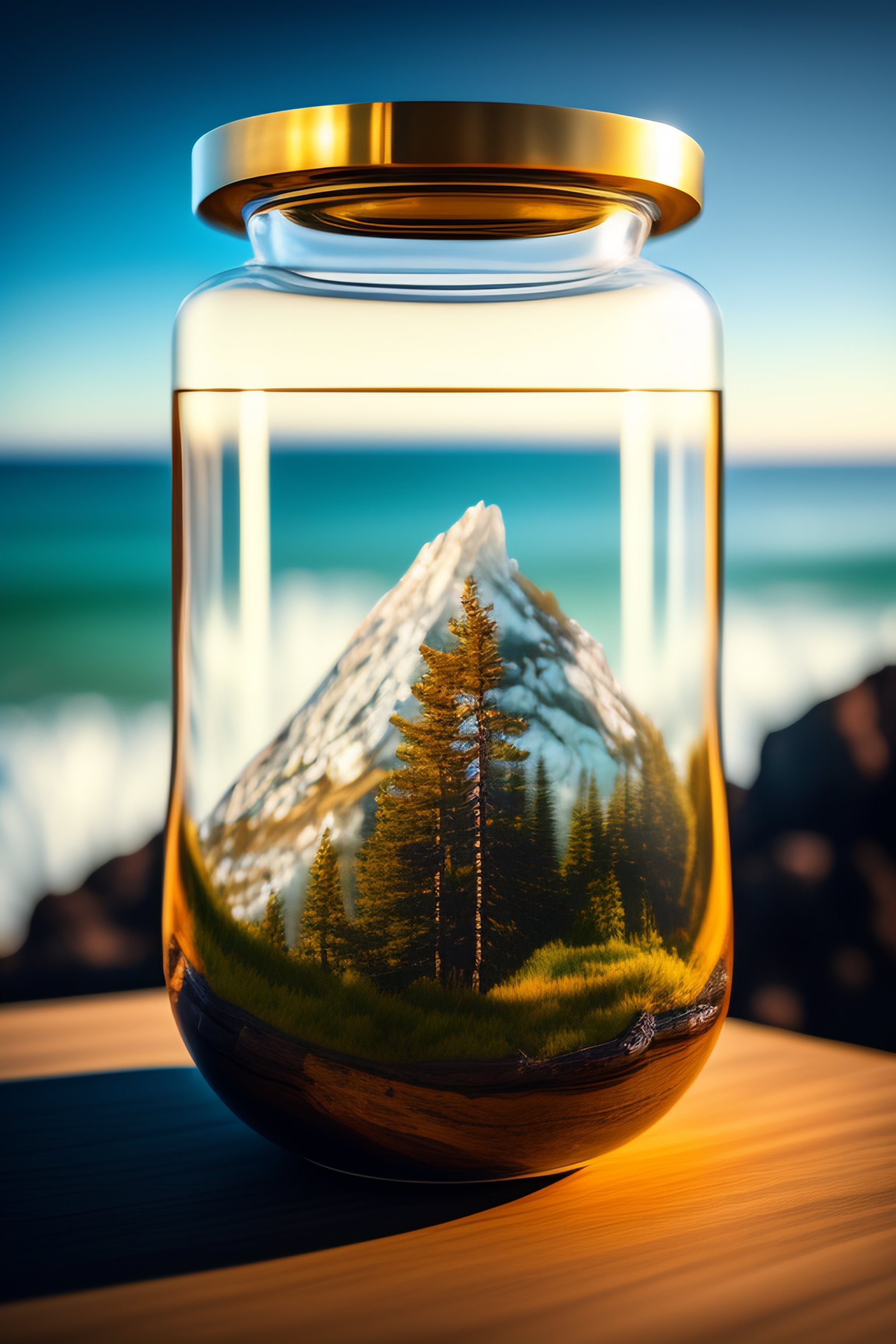Lexica - Glass jar with a burning tree inside, standing on a cliff ...