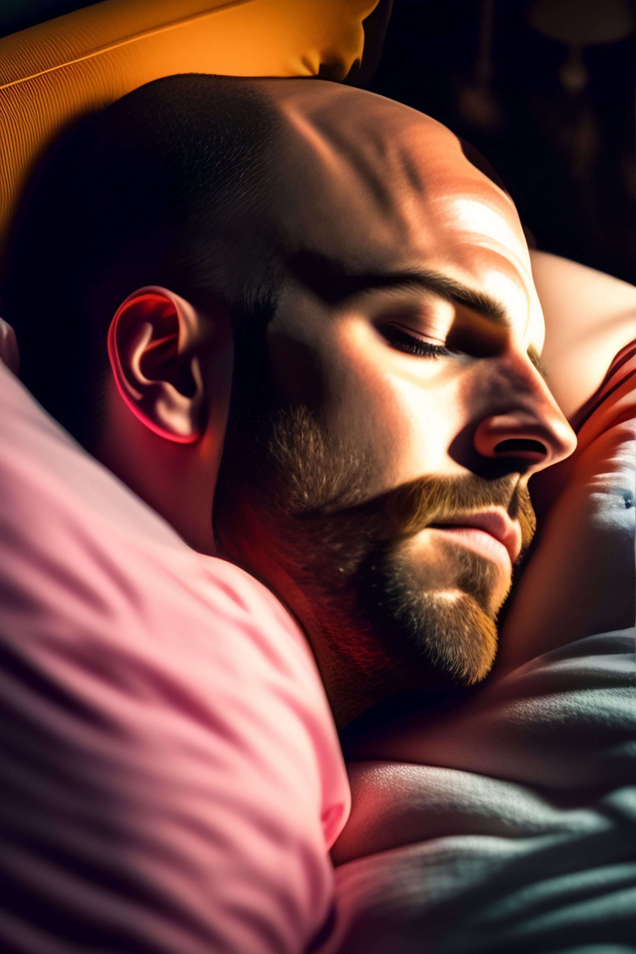 Lexica - Full body of a bearded, bald-headed man sleeps lying in his ...