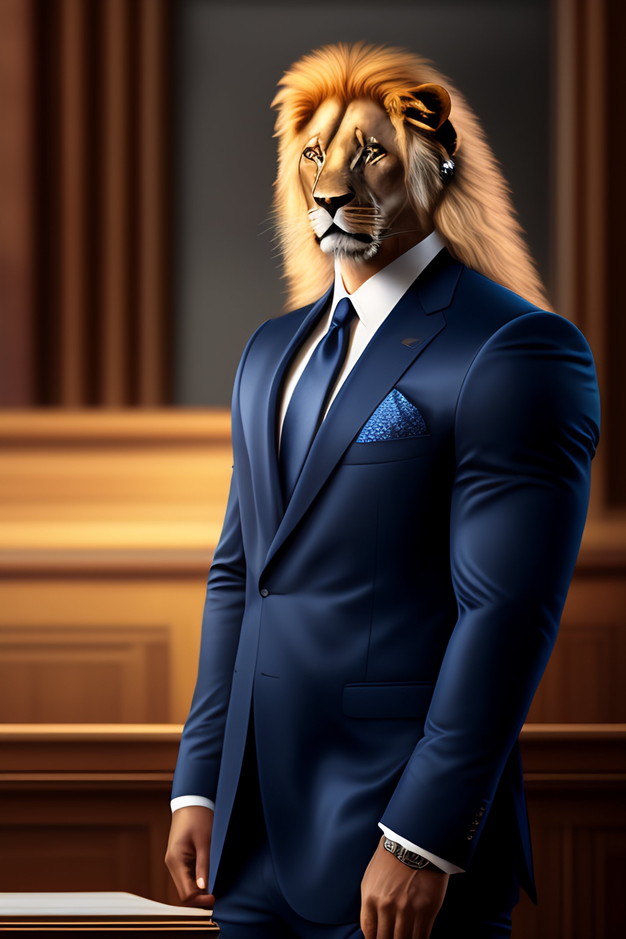 Lexica - Award-winning photo of a lion lawyer standing in court, navy ...